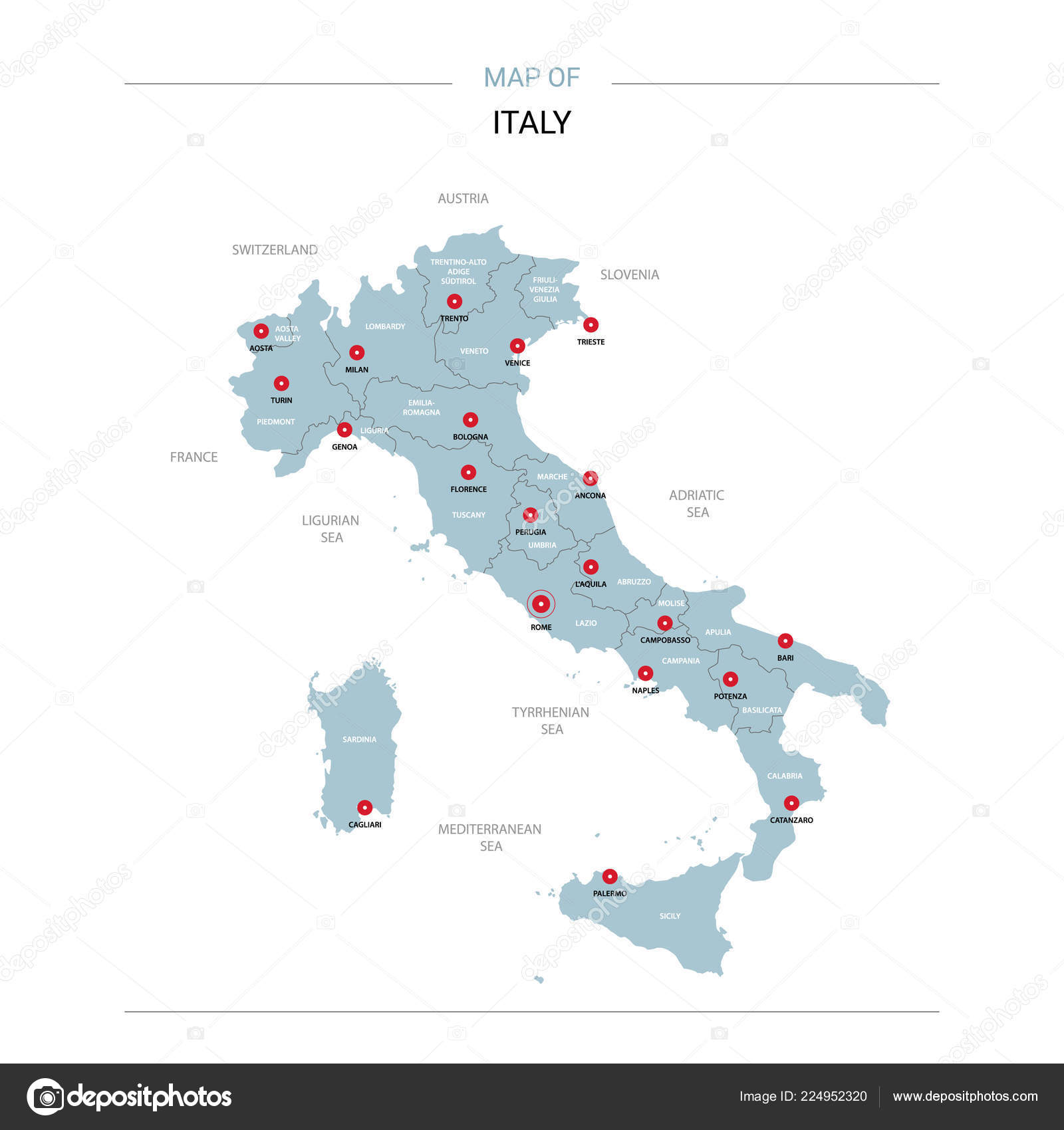Italy Vector Map Editable Template Regions Cities Red Pins Blue — Stock ...