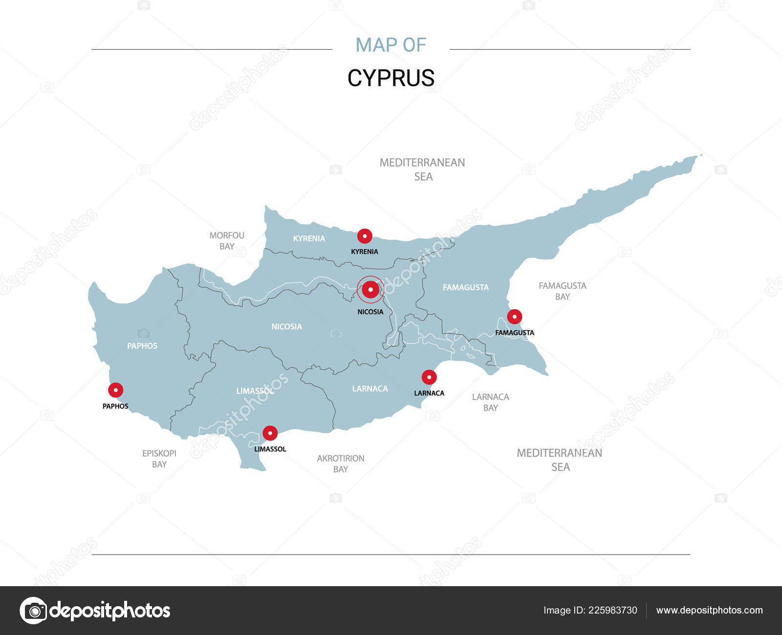 Cyprus Vector Map Editable Template Regions Cities Red Pins Blue Stock ...