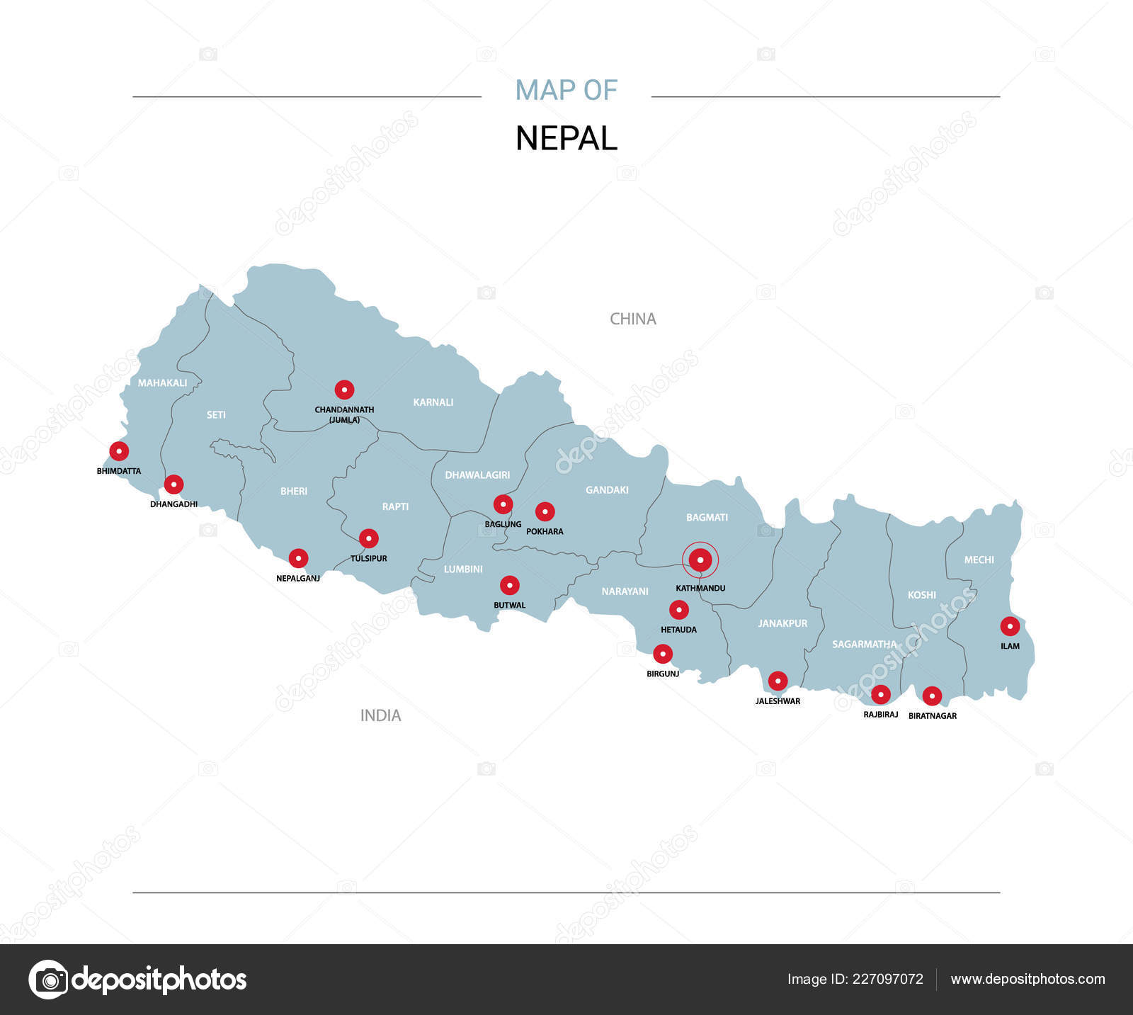 Nepal Vector Map Editable Template Regions Cities Red Pins Blue Stock ...