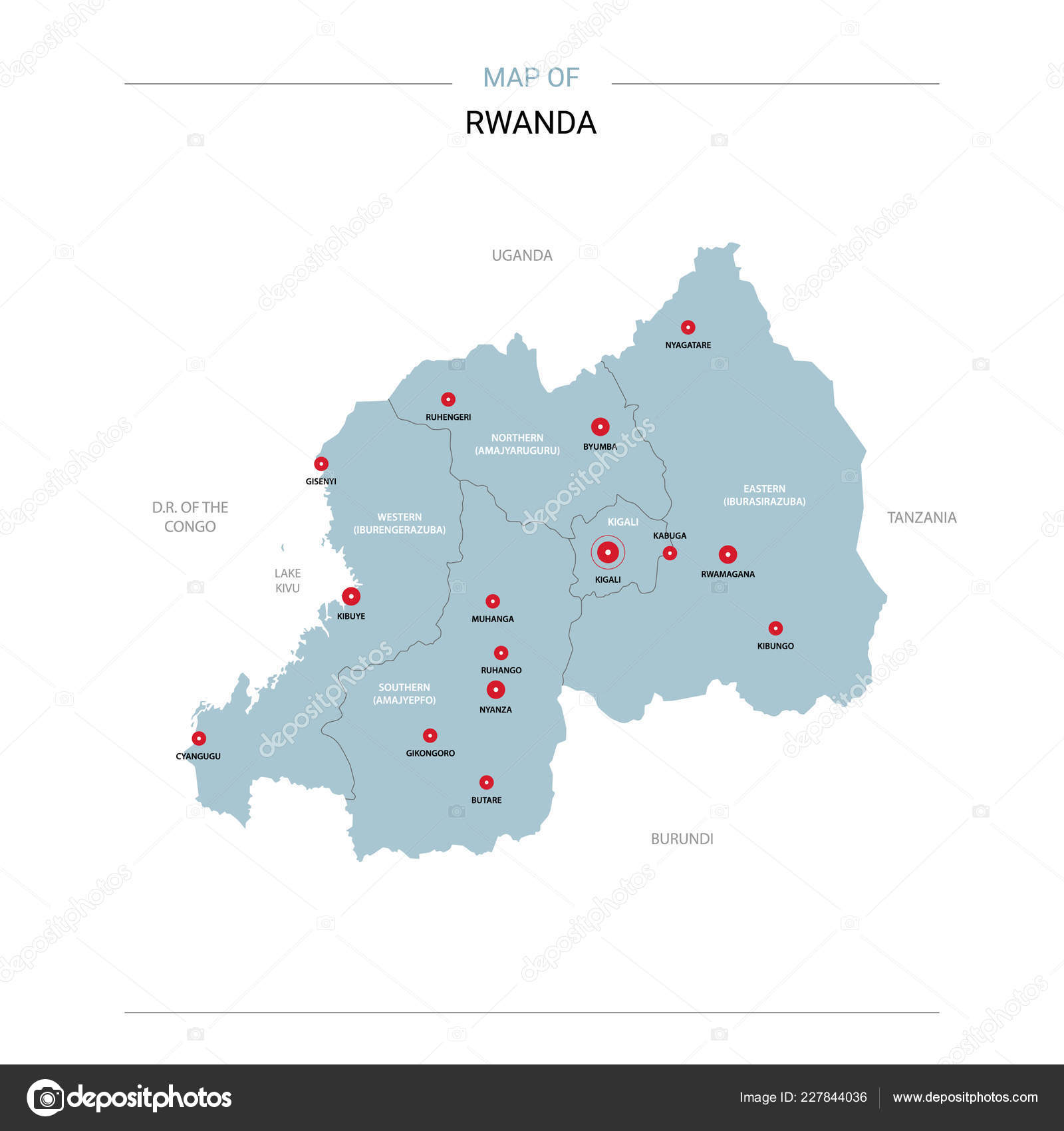 Rwanda Vector Map Editable Template Regions Cities Red Pins Blue Stock ...