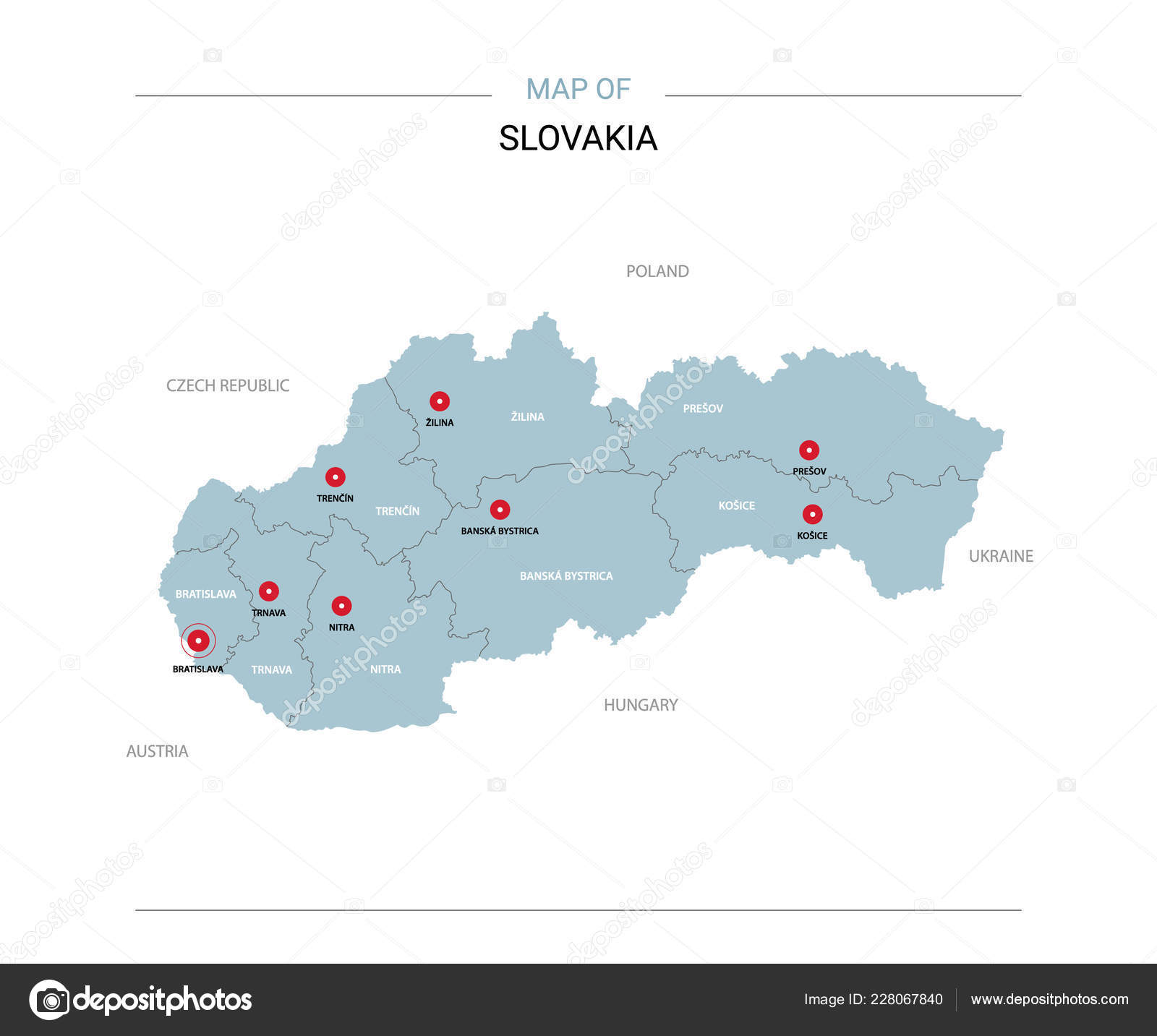 Slovakia Vector Map Editable Template Regions Cities Red Pins Blue ...