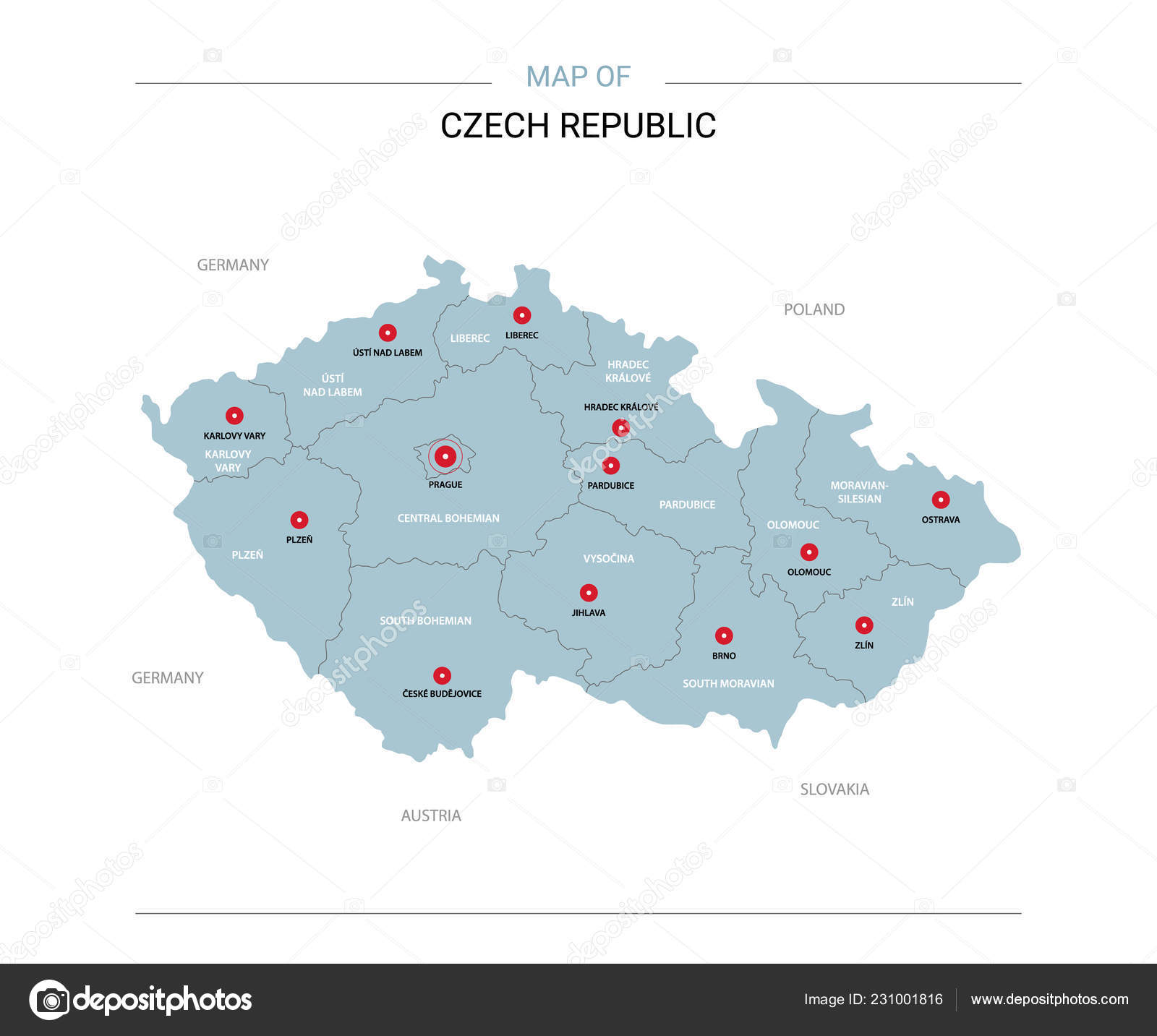 República Checa Mapa Vetorial Modelo Editável Com Regiões Cidades Pinos ...