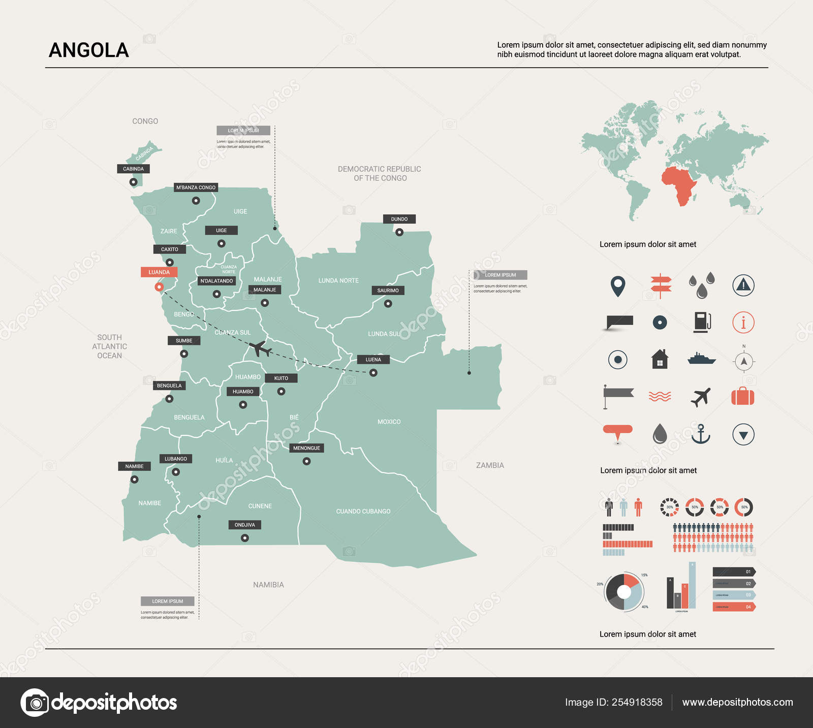 Mapa vetorial de Angola . Vetor de ©molokowall 254918358
