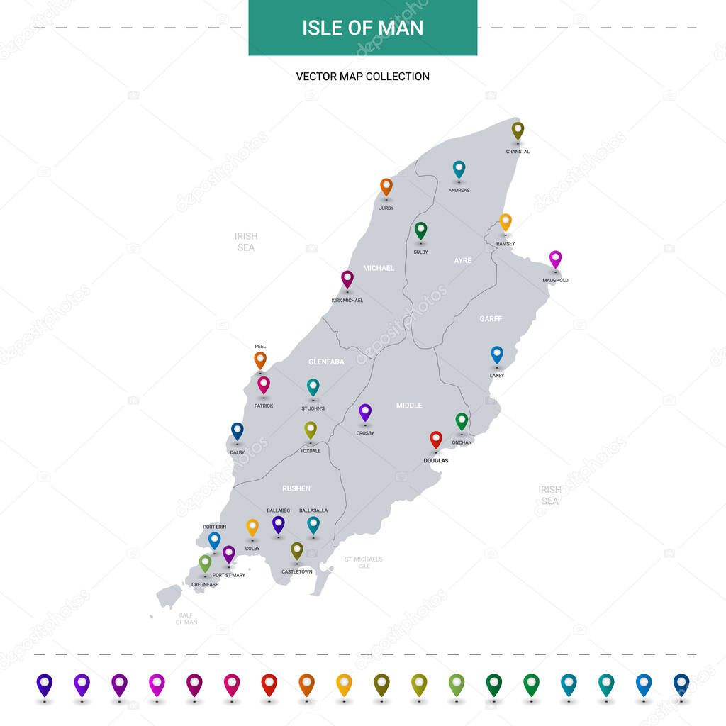 Isla de Man mapa con marcas de puntero de ubicación. Plantilla ...