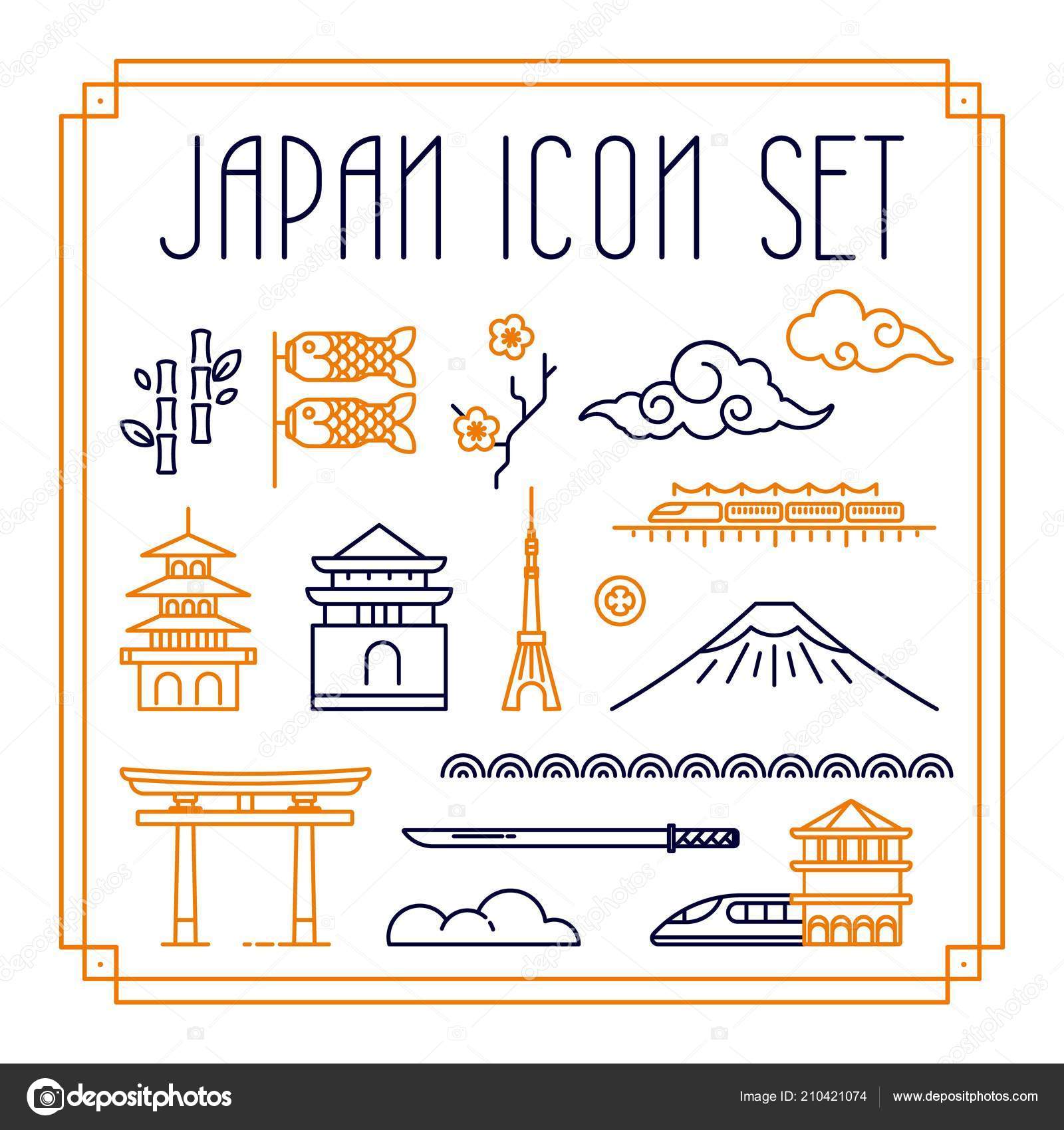 Japan Icon Symbol Thin Line Style Japan Outline Icon Set Stock Vector ...