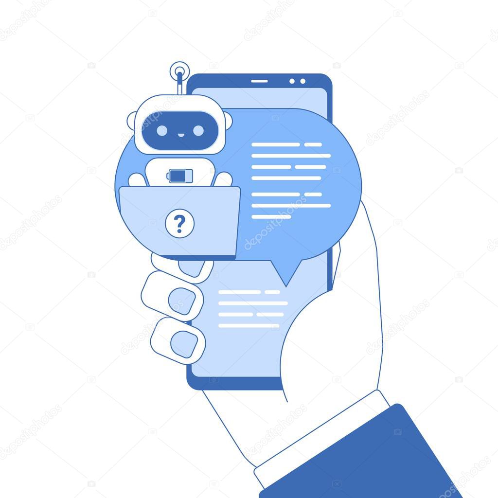 Icono de la línea Chatbot en diseño plano de moda. Hombre charlando con ...