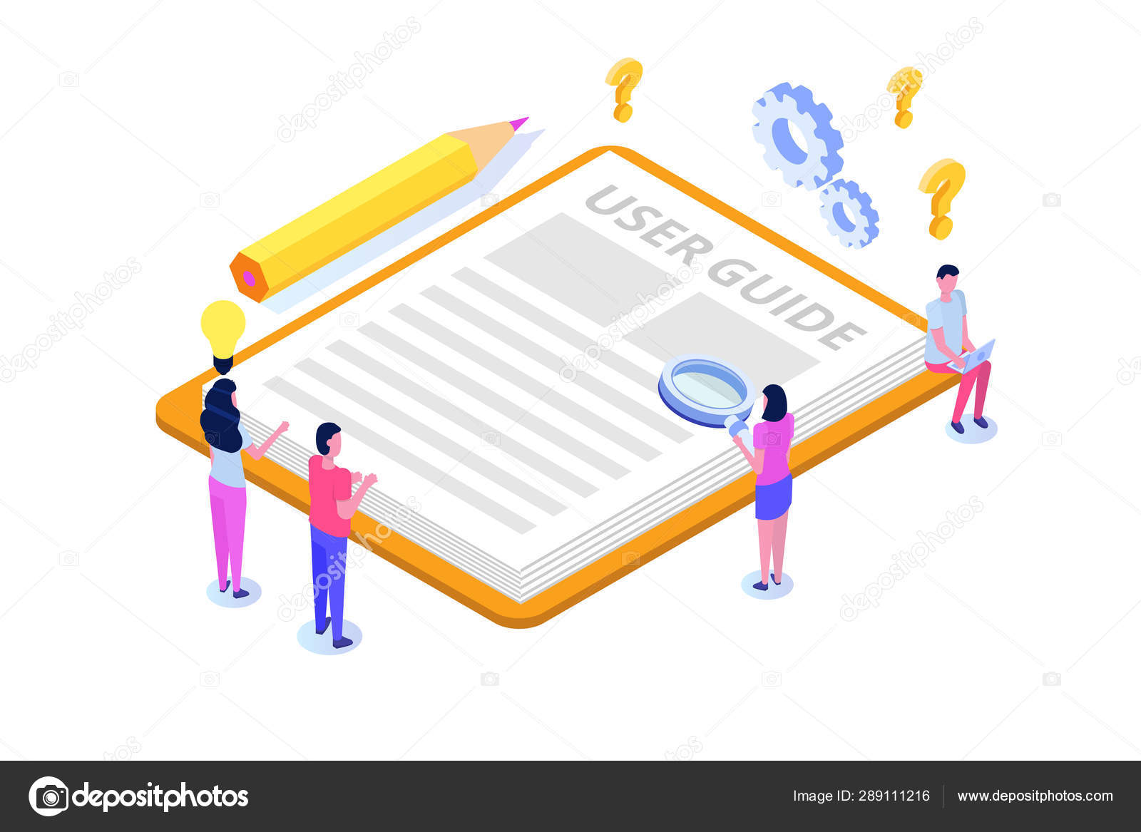 Konsep isometrik manual pengguna. Orang-orang dengan panduan instruksi ...