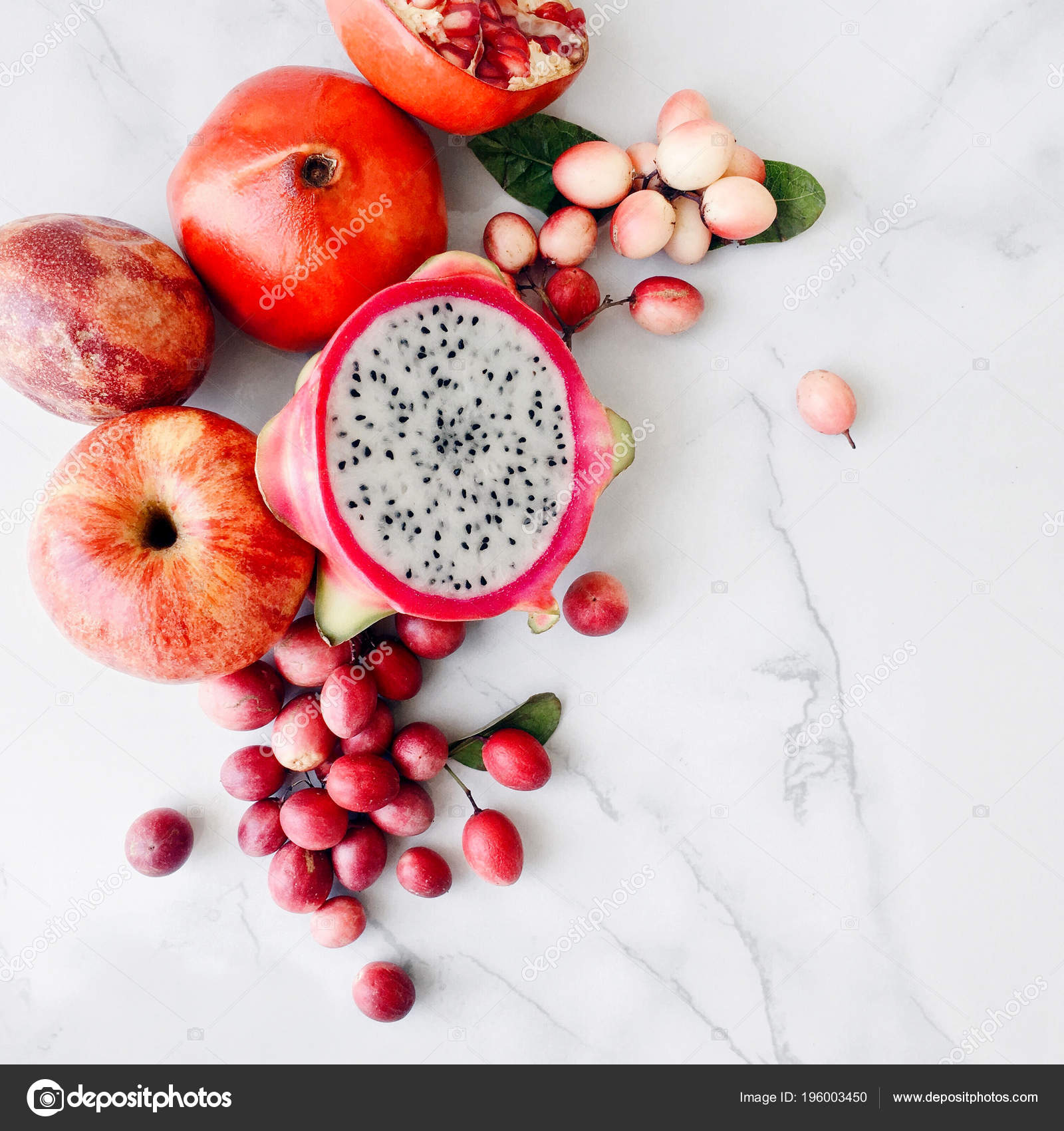 Red Tropical Fruit Marble Background Top View Copy Space Stock Photo by ...