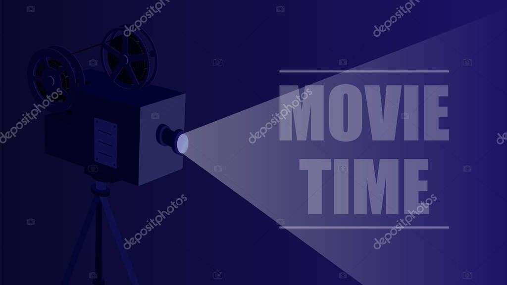 Proyector de película retro sobre fondo negro. Ilustración vectorial 2023