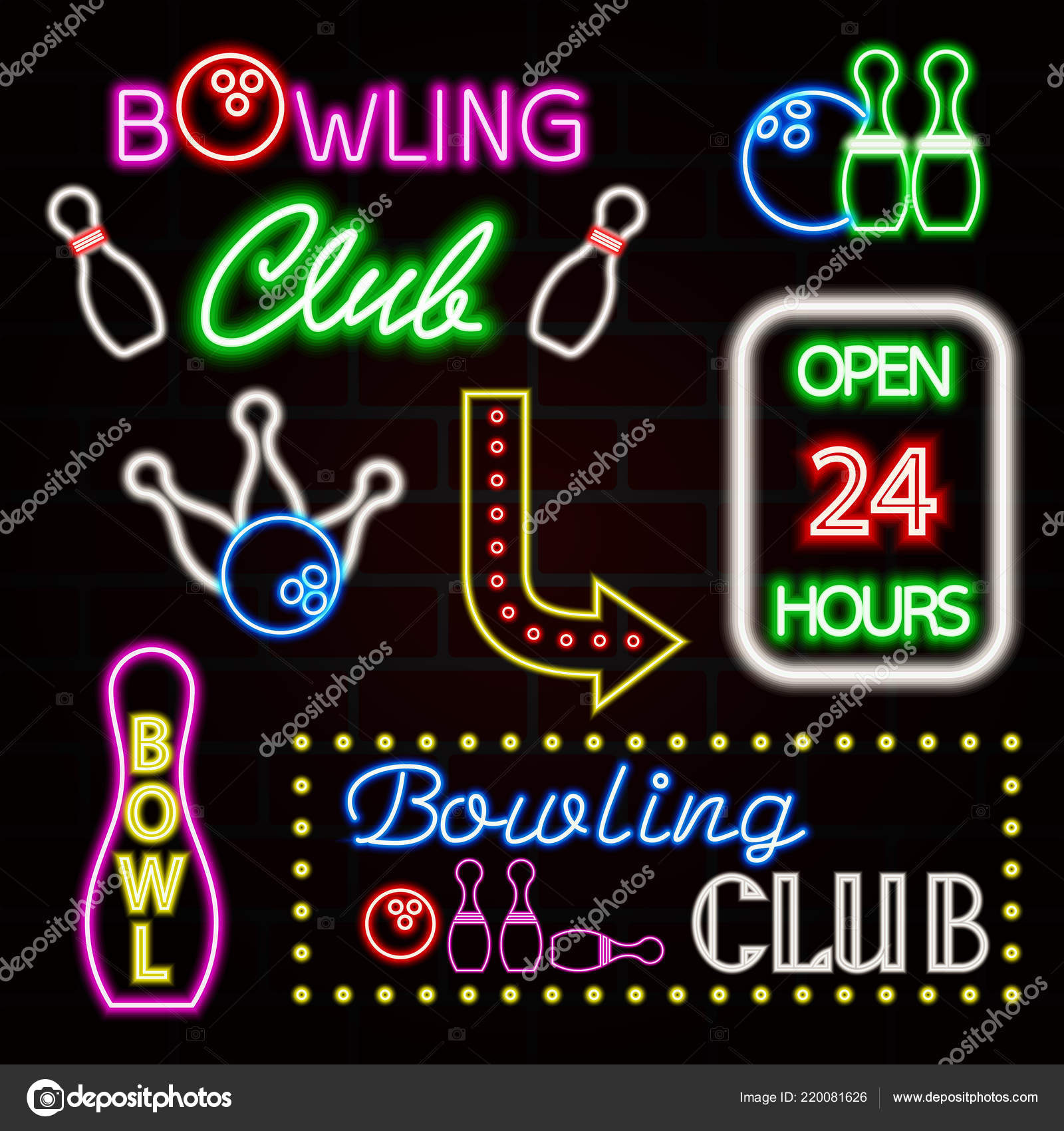 Bowling neon sign set. Bowling club logo, emblem. Vector illustration ...
