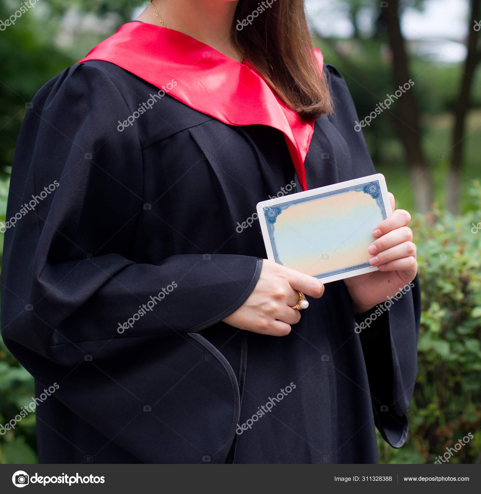 Master Graduate Stands Diploma — Stock Photo © 0635925410 #311328388