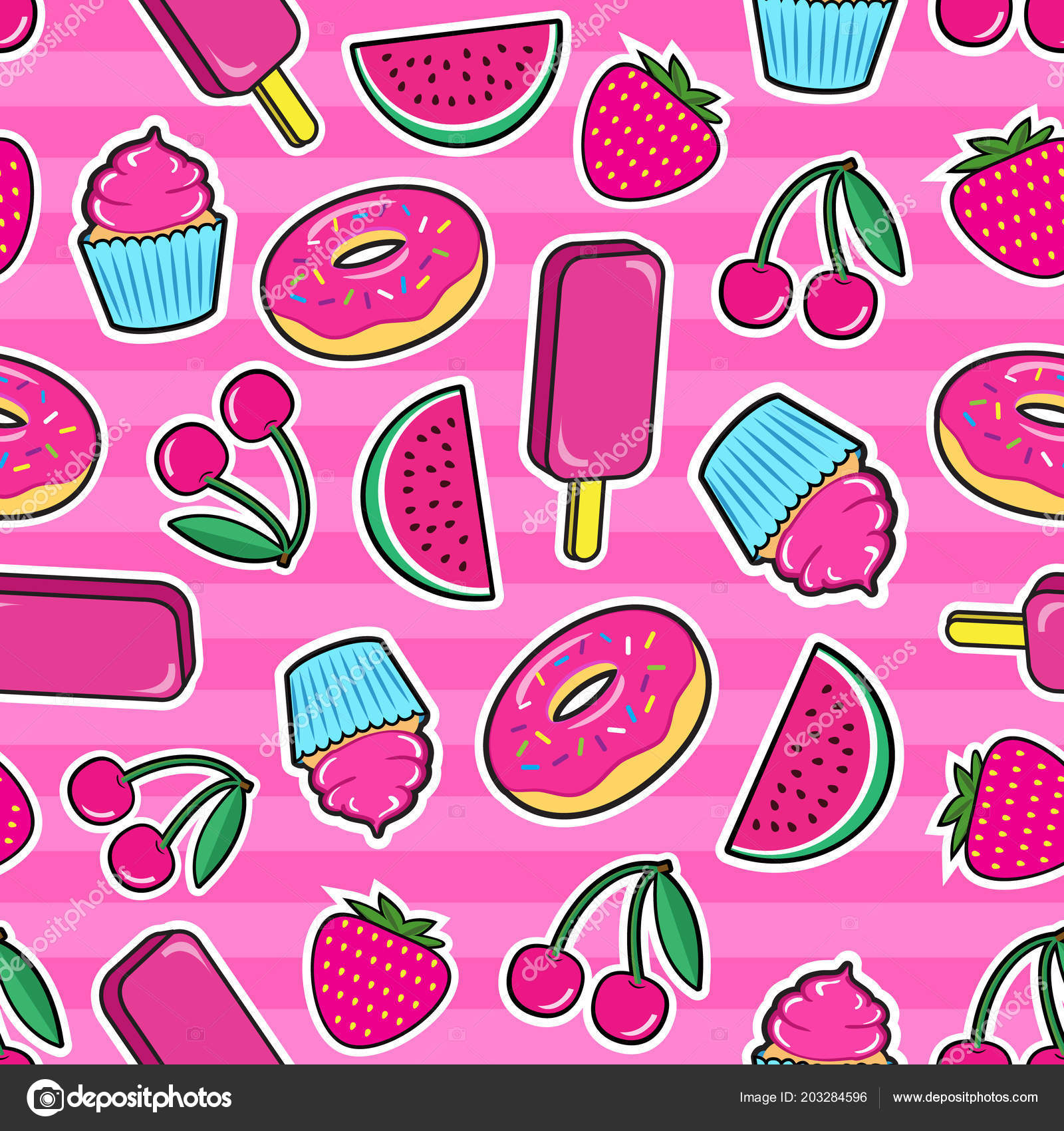 Cute Seamless Pattern Colorful Patches Stickers Ice Cream Cherry ...