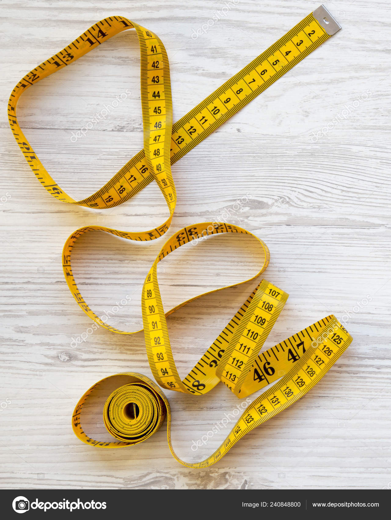 Top View Yellow Measuring Tape White Wooden Background Copy Space ...