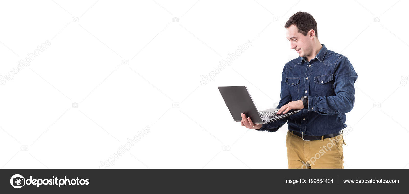 Young Programmer Holding Laptop Hands Isolated White Background Copy ...