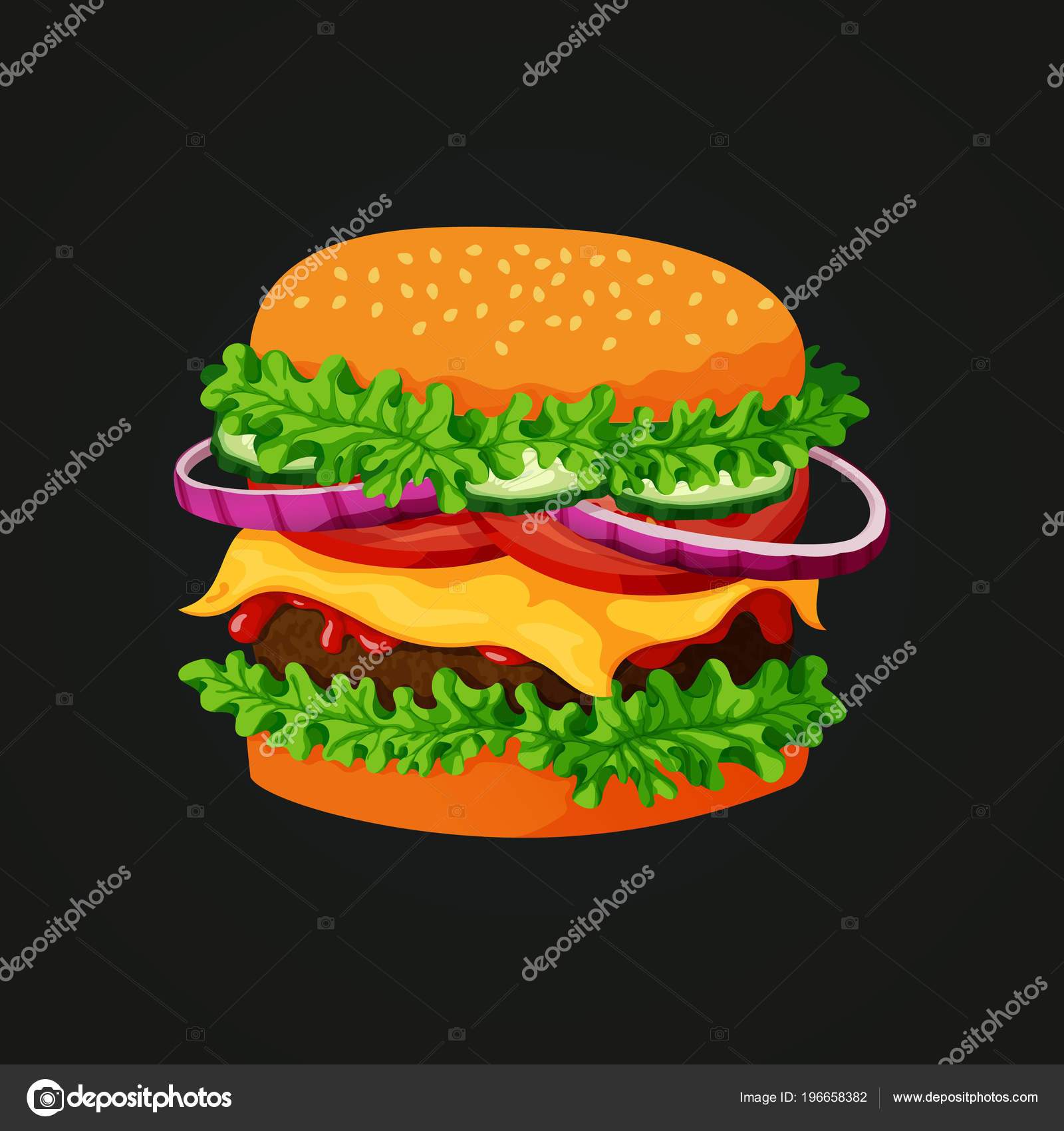 Vector Illustration Meat Burger Icon Sesame Topped Bun Lettuce Meat ...