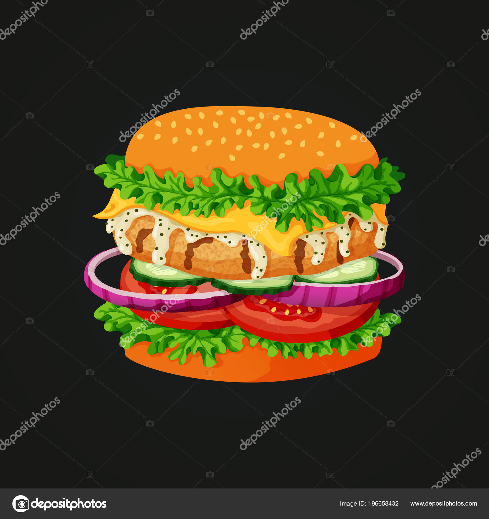 Vector Illustration Chicken Burger Icon Grilled Chicken Patty Sesame ...