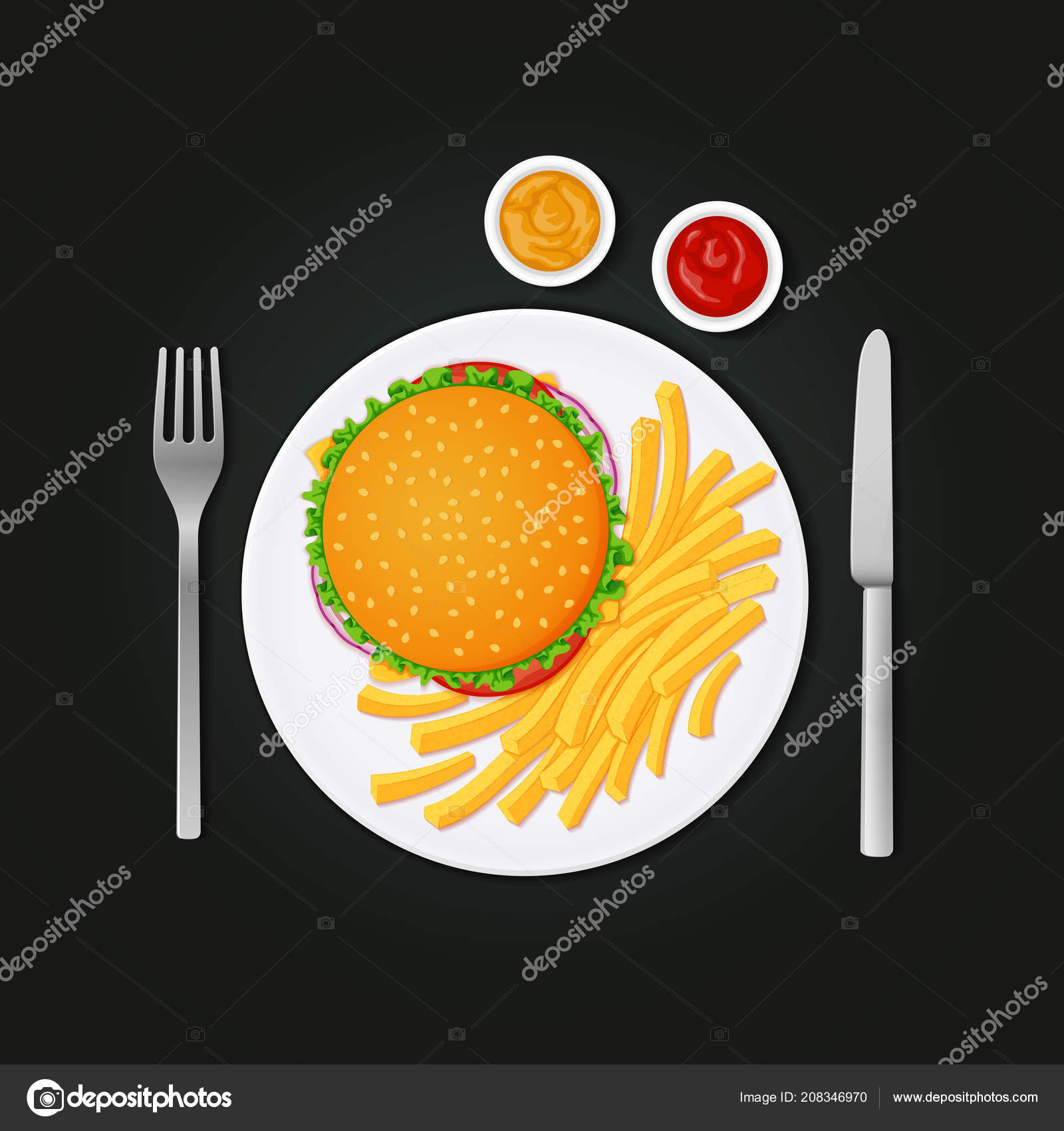 Fast Food Lunch Vector Icon Burger Fries Plate Fork Knife Stock Vector ...