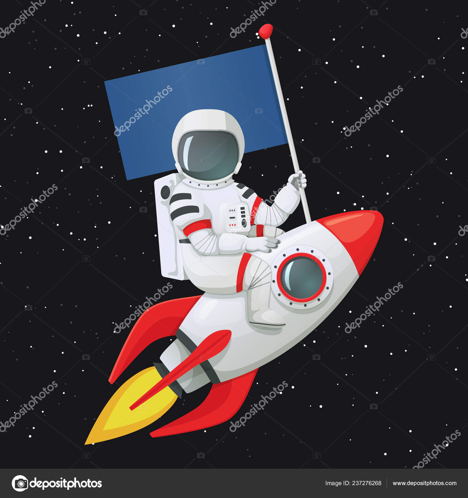 Astronaut Sitting Astride Rocket Ship Holding Flag Left Hand Touching ...