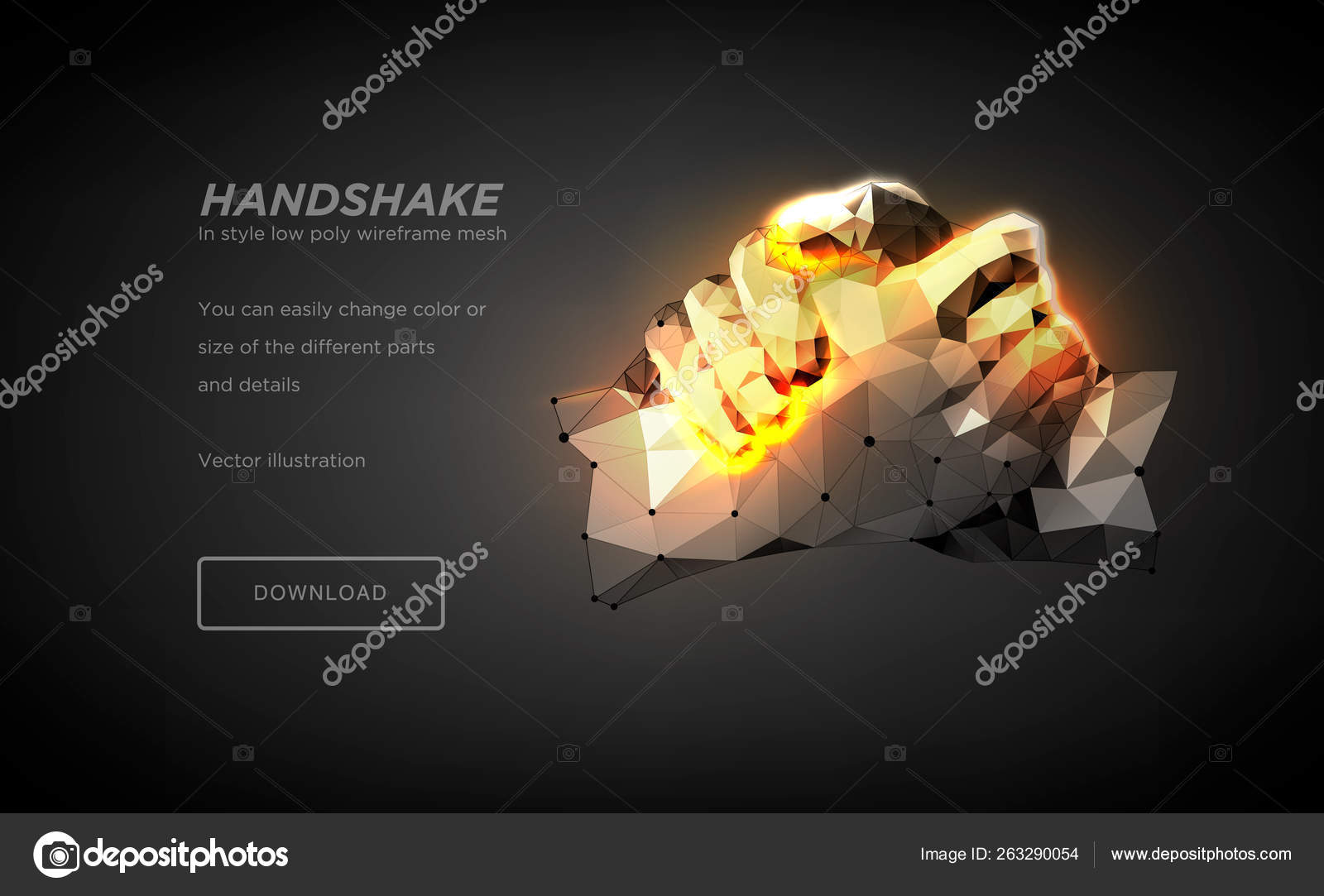 Handshake polygonal wireframe art on black backgraund. Hands of a person or a robot. The concept ...