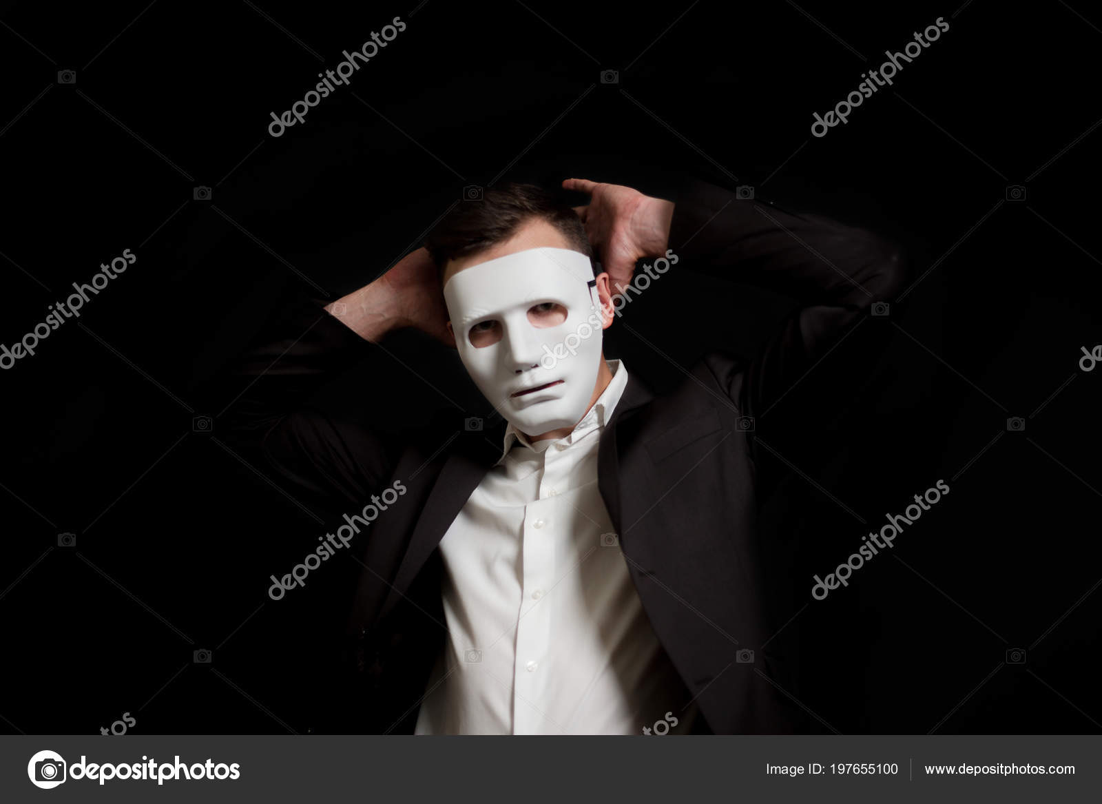 Man White Mask Black Background Gives Holds His Stock Photo by ...