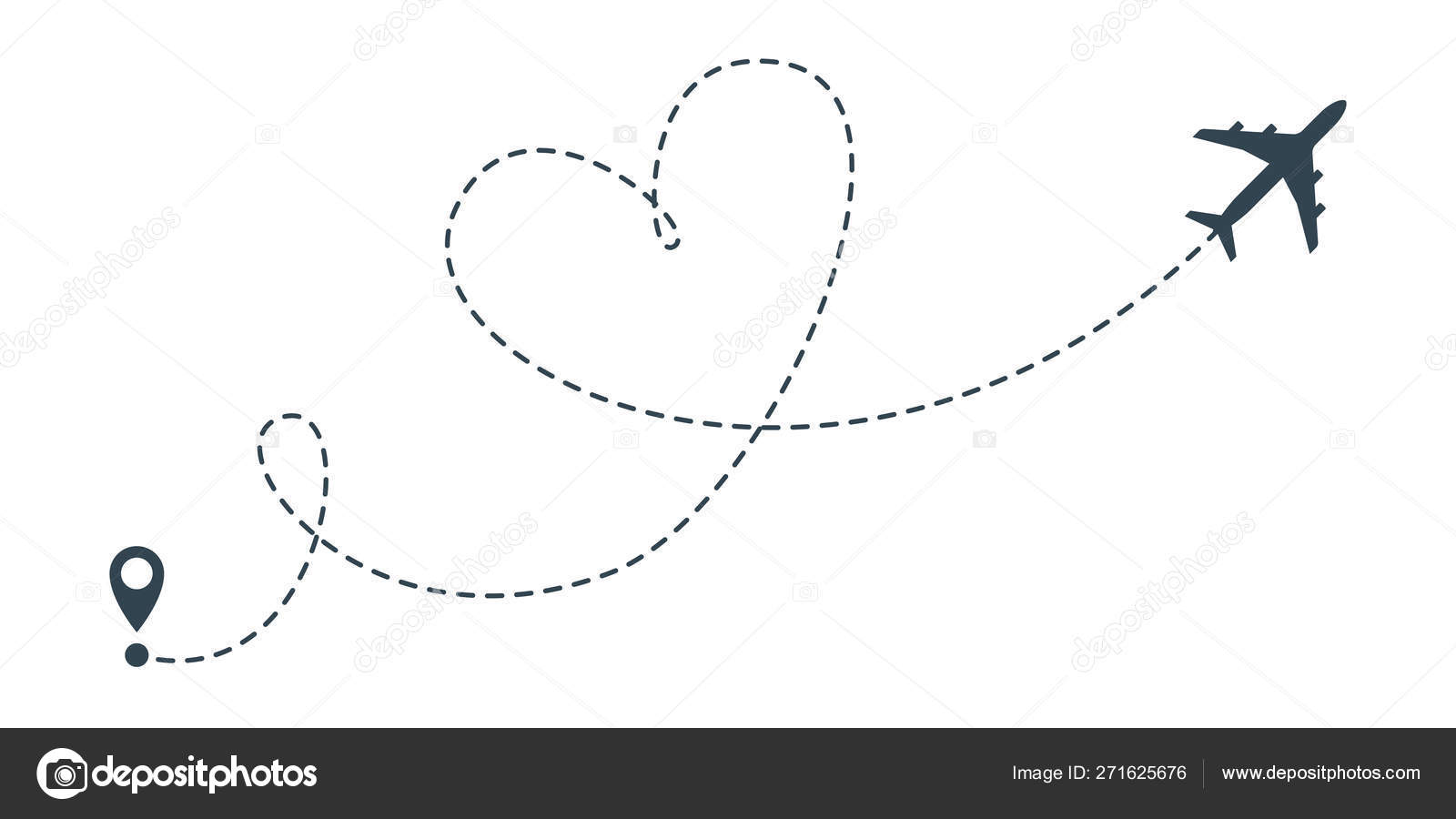 Heart airplane route icon. Vector airplane heart flight dash line with ...