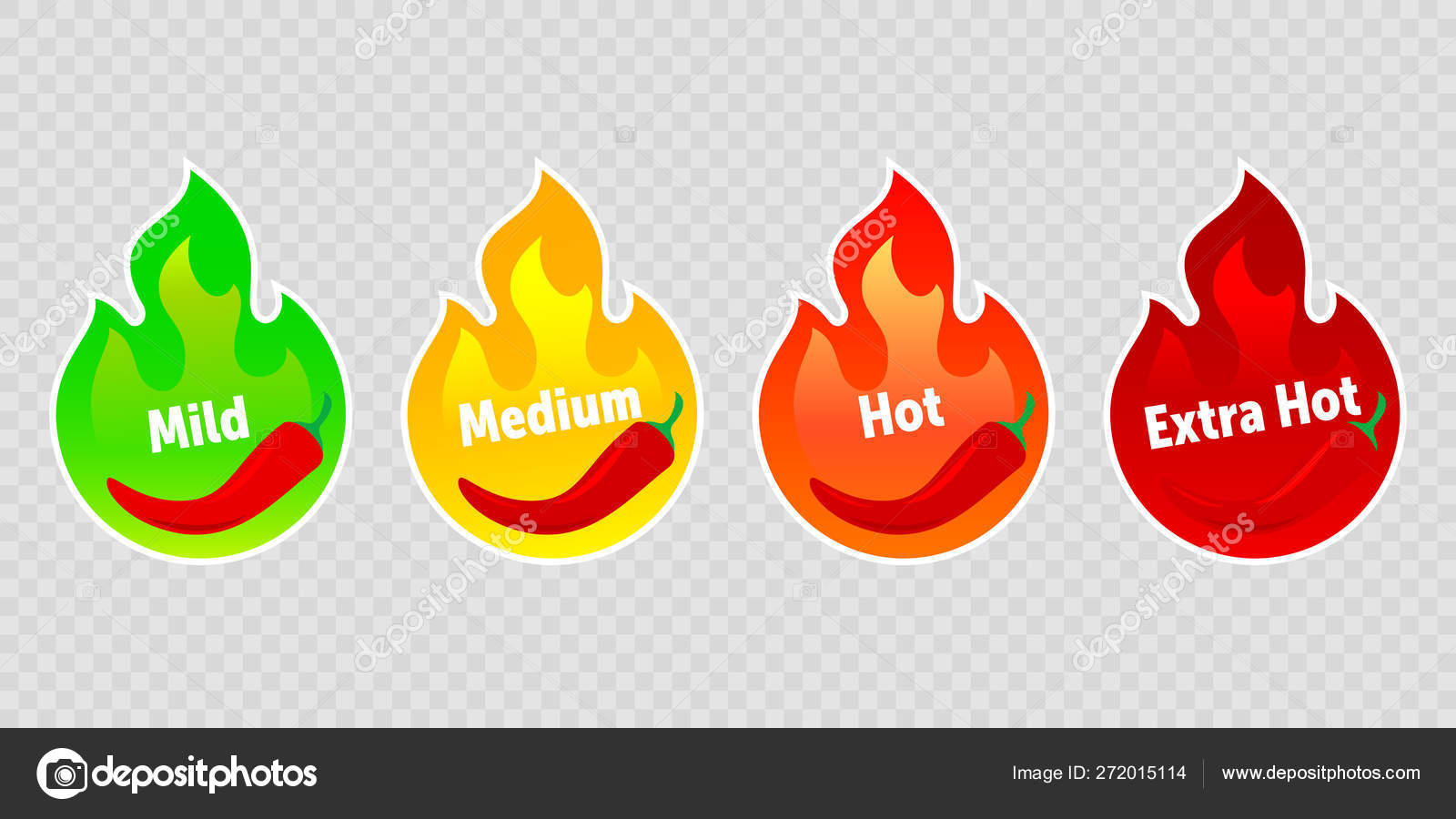 Spicy chili pepper hot fire flame labels. Vector spicy food level icons ...
