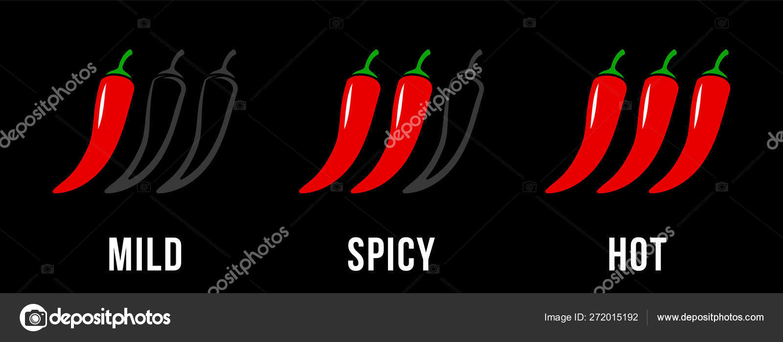 Spicy chili hot pepper, mild and extra hot level labels. Vector Asian ...