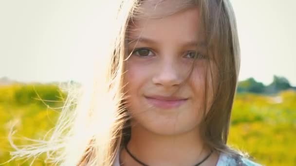 Portrait Attractive Little Girl Big Green Eyes Nature Background Developing — Stock Video ...