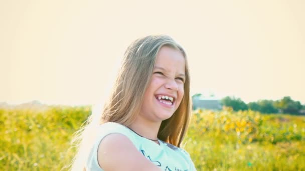 Portrait Attractive Little Girl Big Eyes Nature Background Developing Hair — Stock Video ...