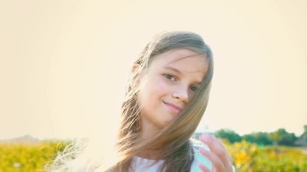 Portrait Attractive Little Girl Big Eyes Nature Background Developing Hair — Stock Video ...
