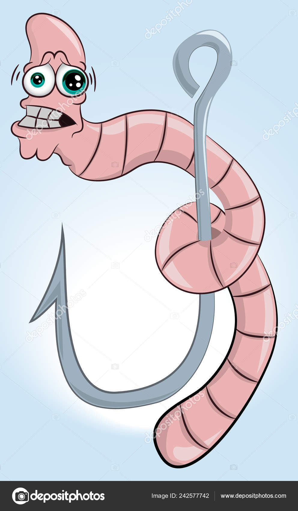 Scared Cartoon Worm Hanging Fishing Hook Funny Character Worm Isolated ...