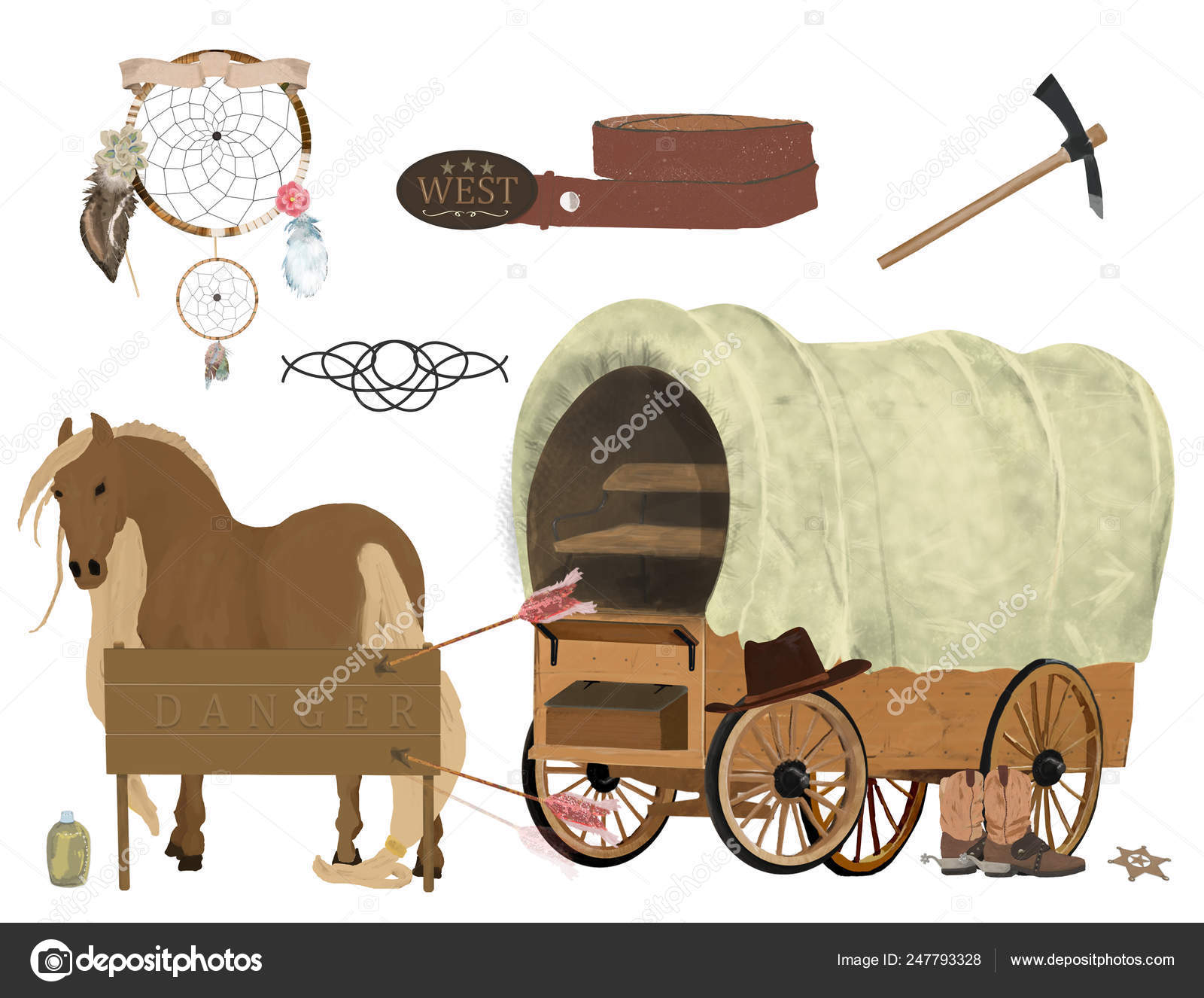 Wooden vehicle pulled by horses, belt, dreamcatcher, pickaxe Watercolor ...