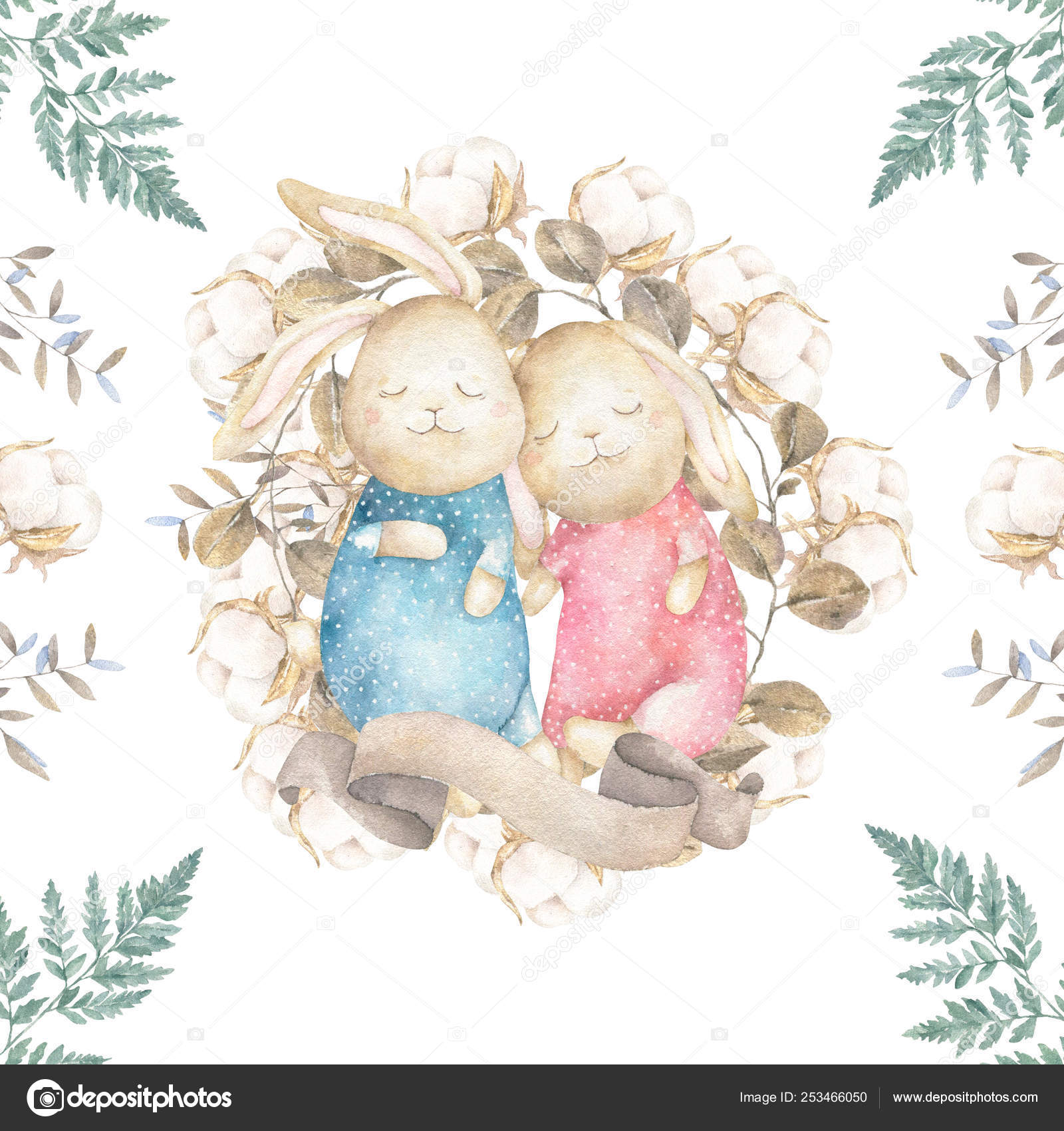Two cute Rabbits and cotton. Watercolor Easter art print. Hand drawn ...