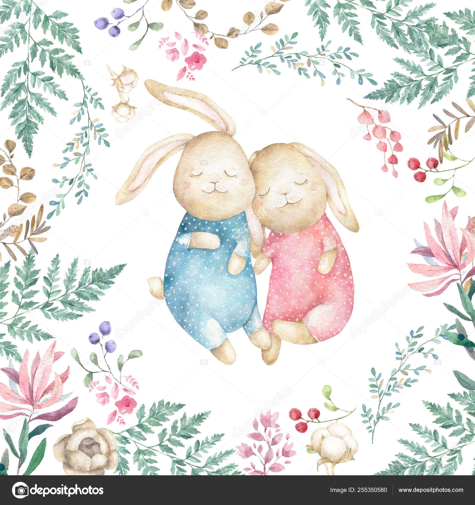 Two cute Rabbits and cotton. Watercolor Easter art print. Hand drawn ...