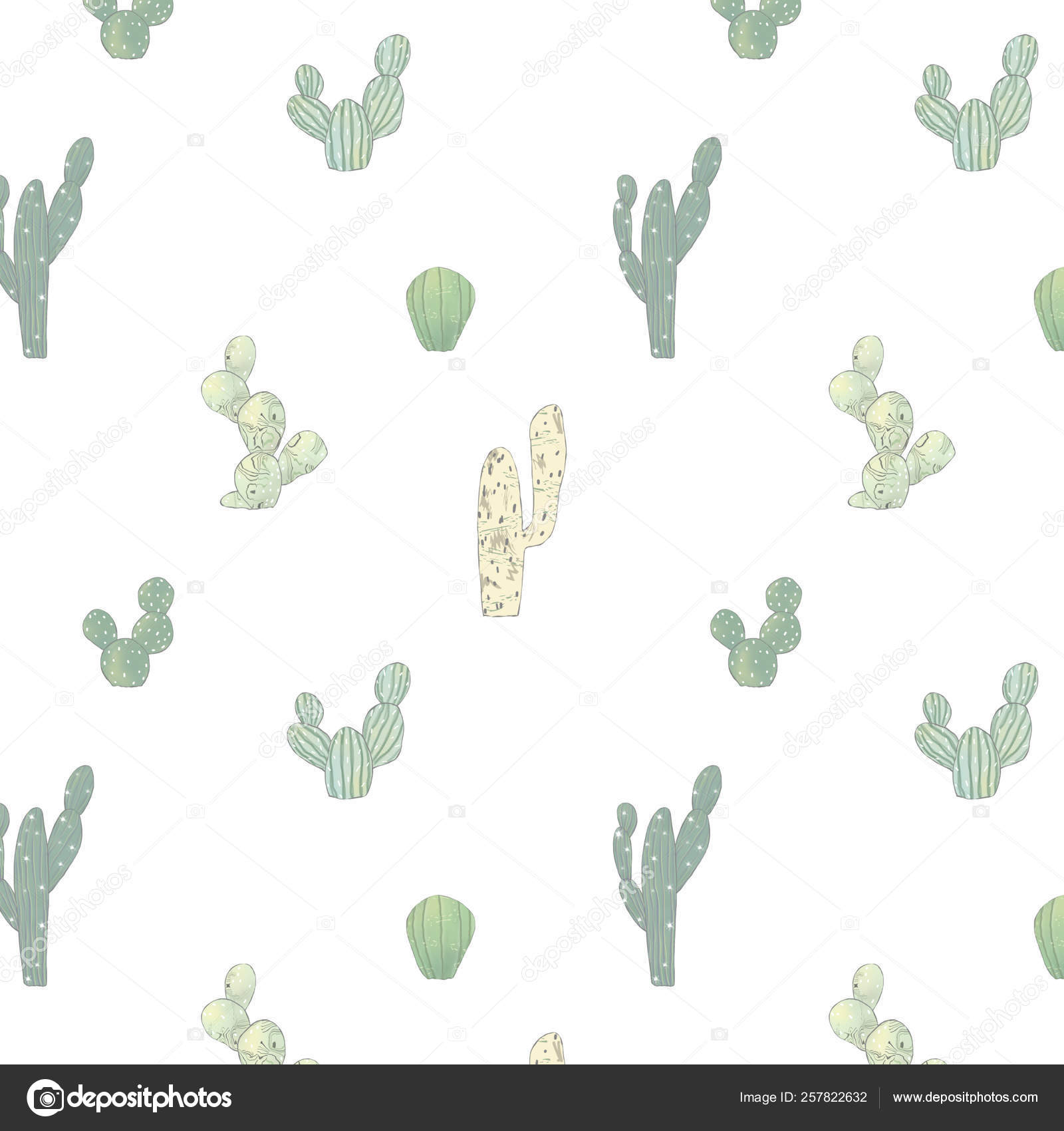 Watercolor pattern with different cactus. Bright repeated texture with ...
