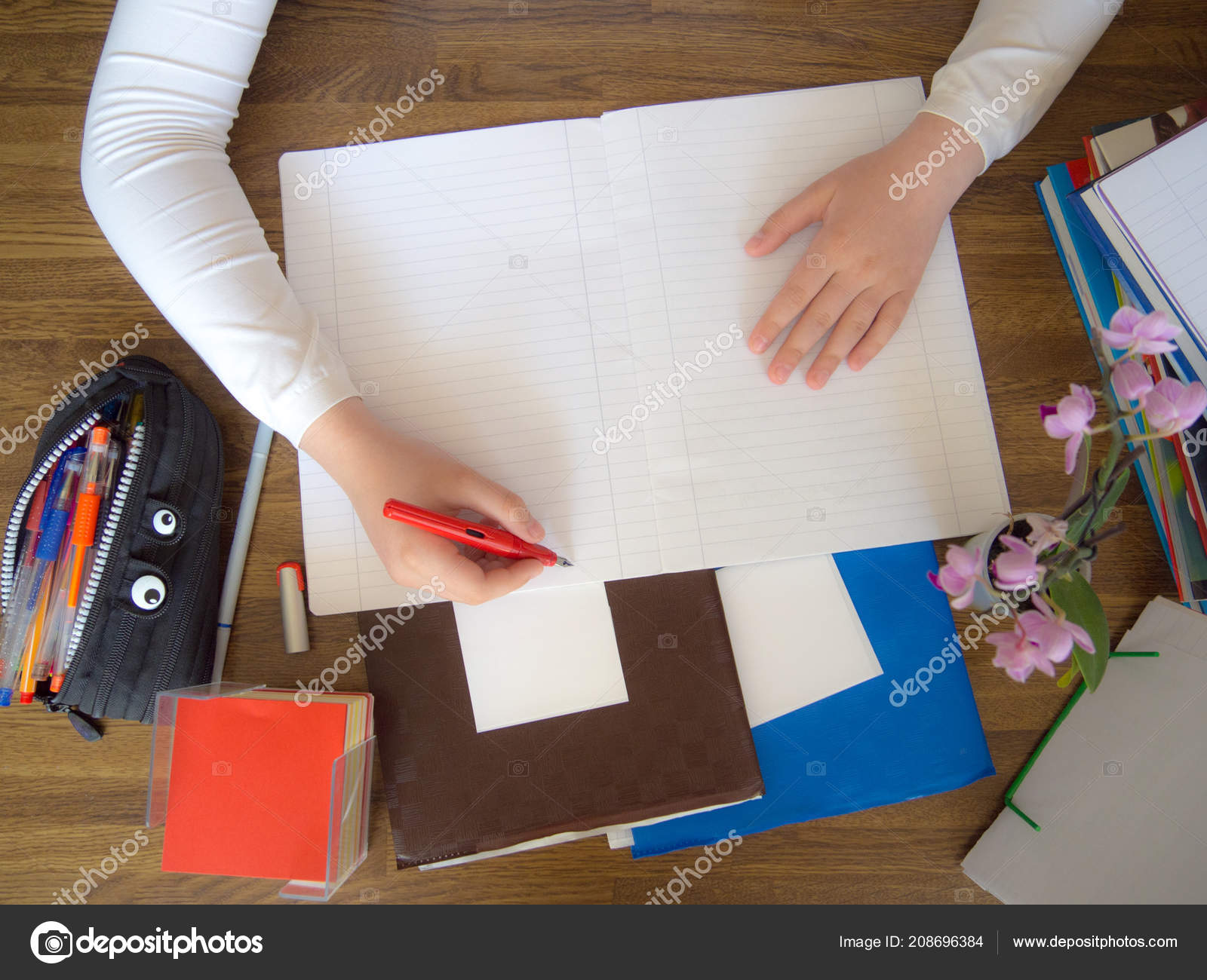 Top View Teenager's Hands Lying Wooden Table Preparing Homework Open ...