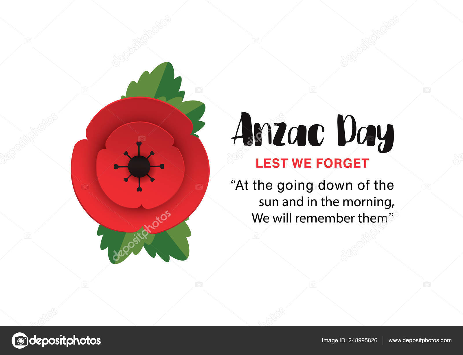 Anzac Day Poppy invitation card. Lest We Forget quote. 25th April date ...