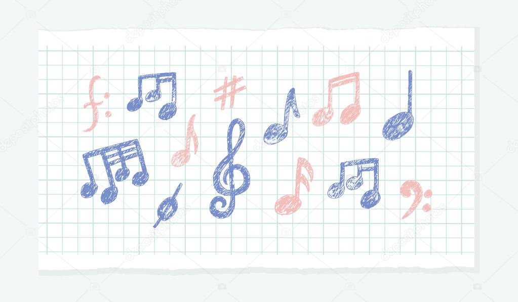 Conjunto de iconos de notas musicales dibujadas a mano. Señal de músico ...