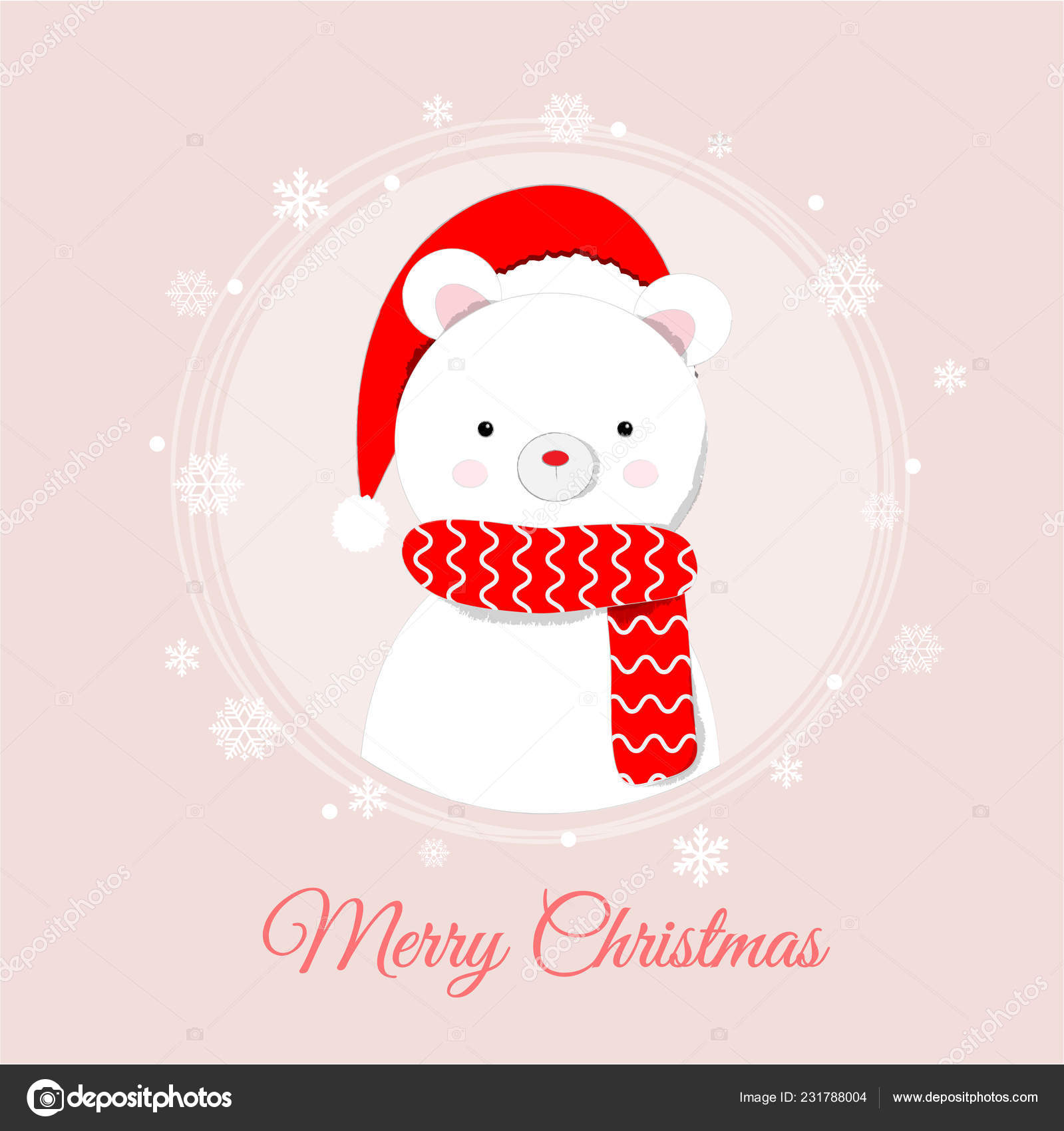 Cute Polar Bear Wearing Santa Hat Standing Snow Lovely Christmas Stock