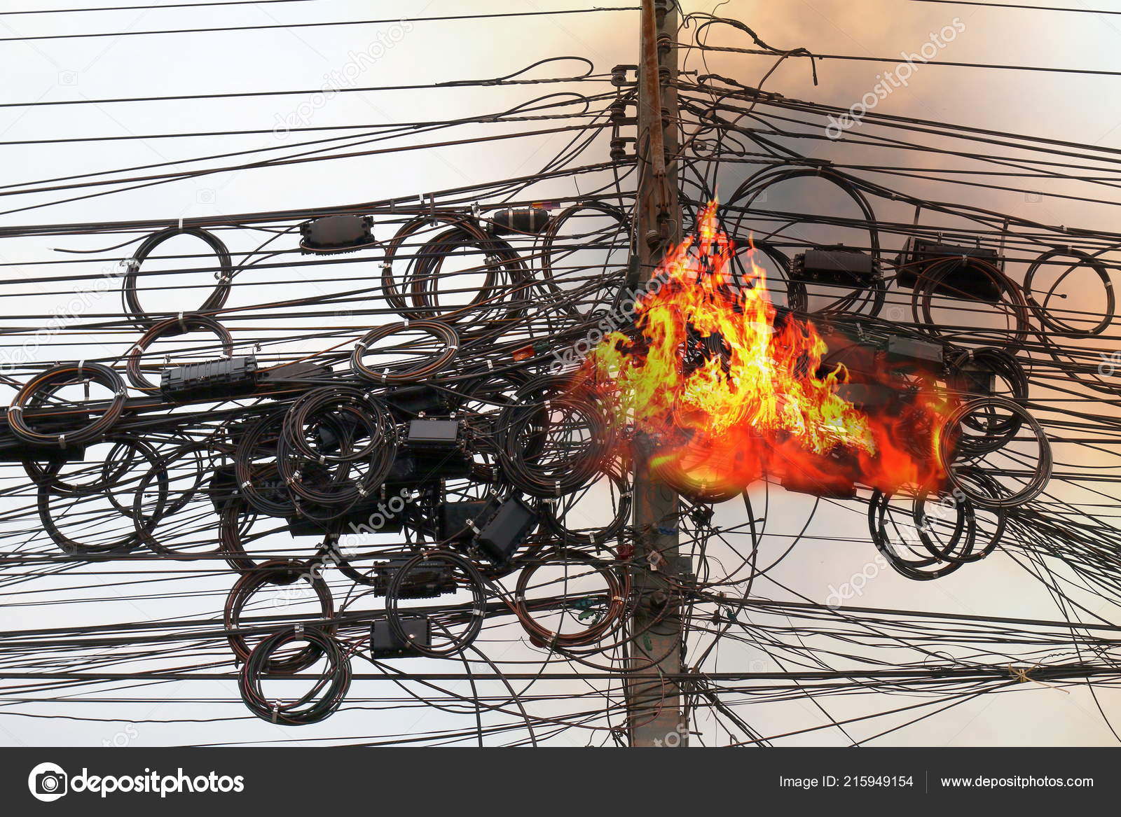 Fire Burning High Voltage Cables Power Danger Wire Tangle Cord — Stock ...