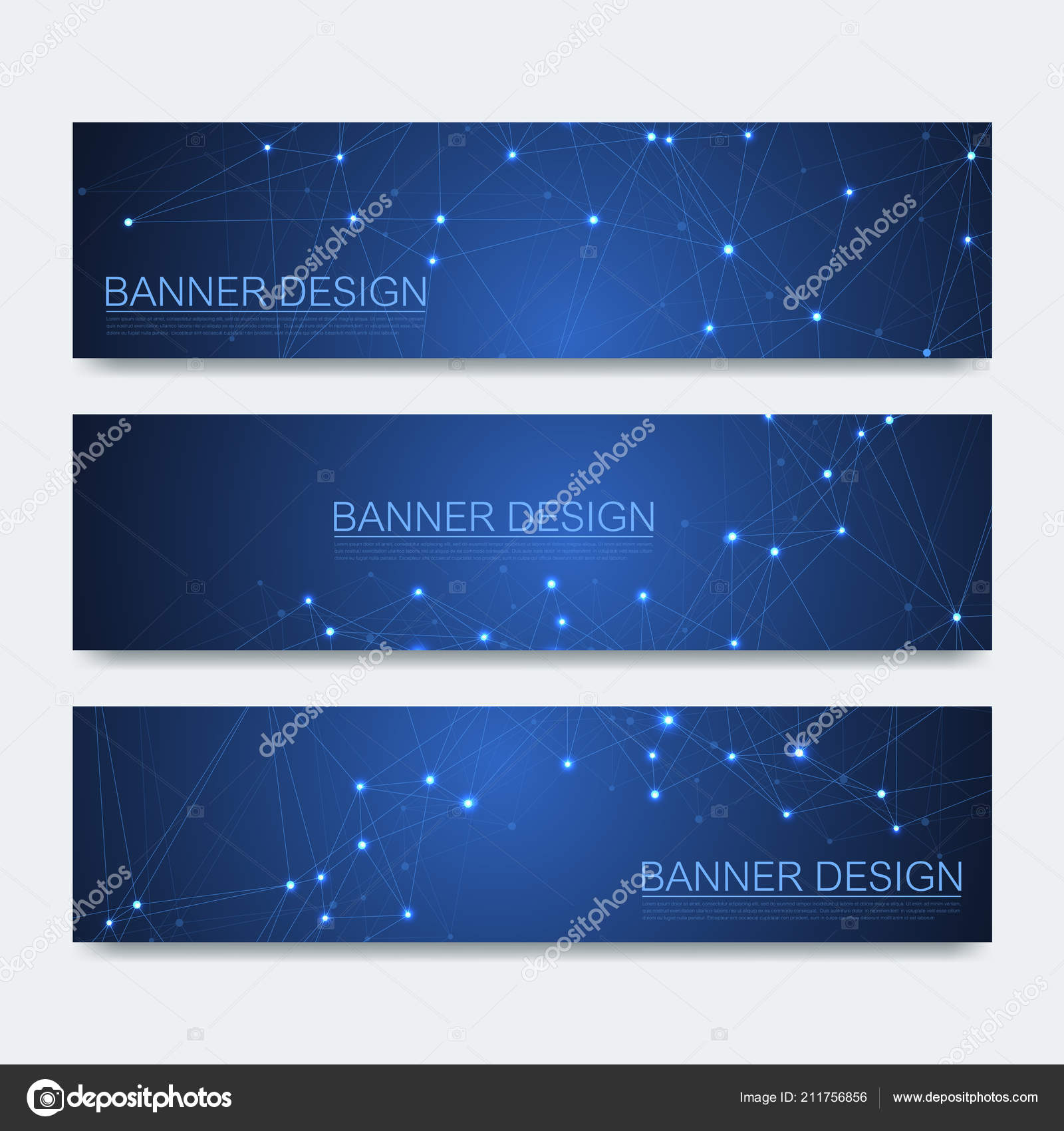 Abstract molecules banners set with lines, dots, circles, polygons ...