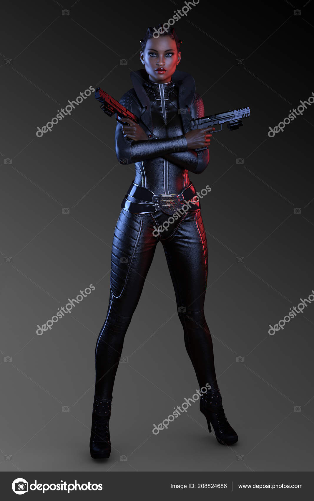 Beautiful Assassin Black Leather Guns Stock Photo by ©Ravven 208824686