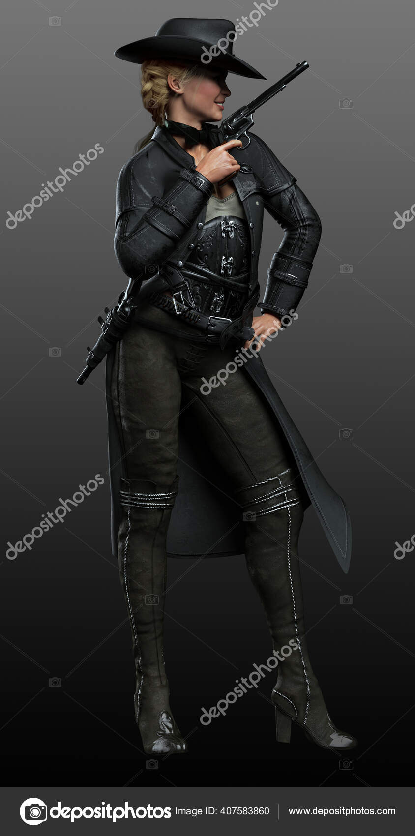 Fantasy Western Steampunk Female Marshal Black Leather — Stock Photo ...