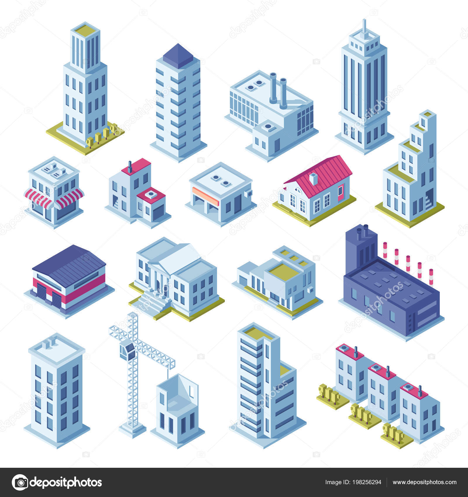 Edificios urbanos 3d proyección isométrica para mapa. Casas, área ...