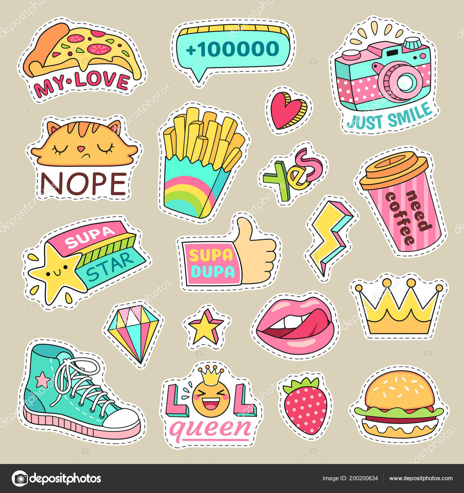 Fashioned girl badges, cute stripes and cartoon patches. Teenage badge ...