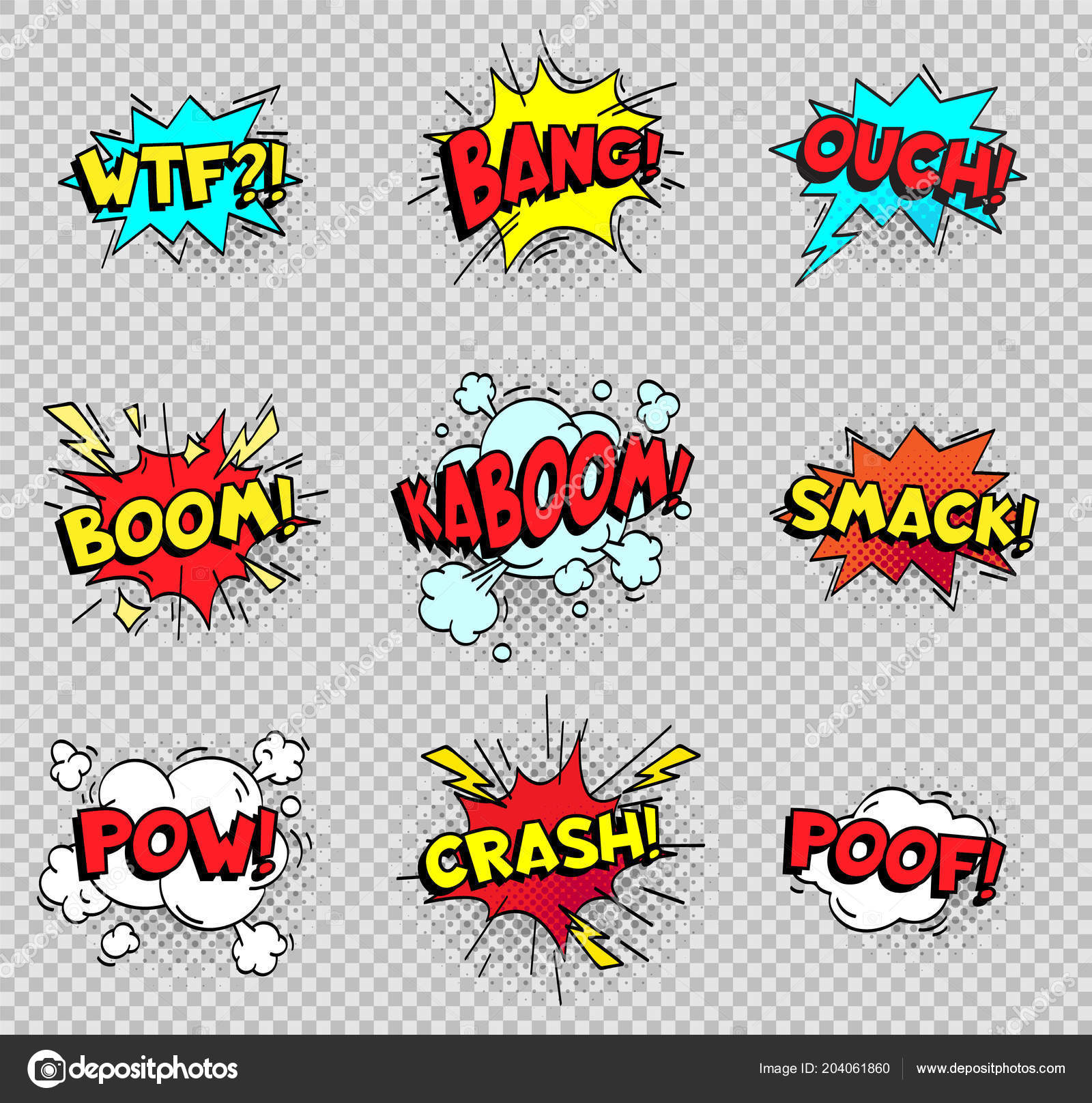 Comic Speech Bubbles Cartoon Explosions Text Balloons Wtf Bang Ouch Boom Smack Pow Crash Poof