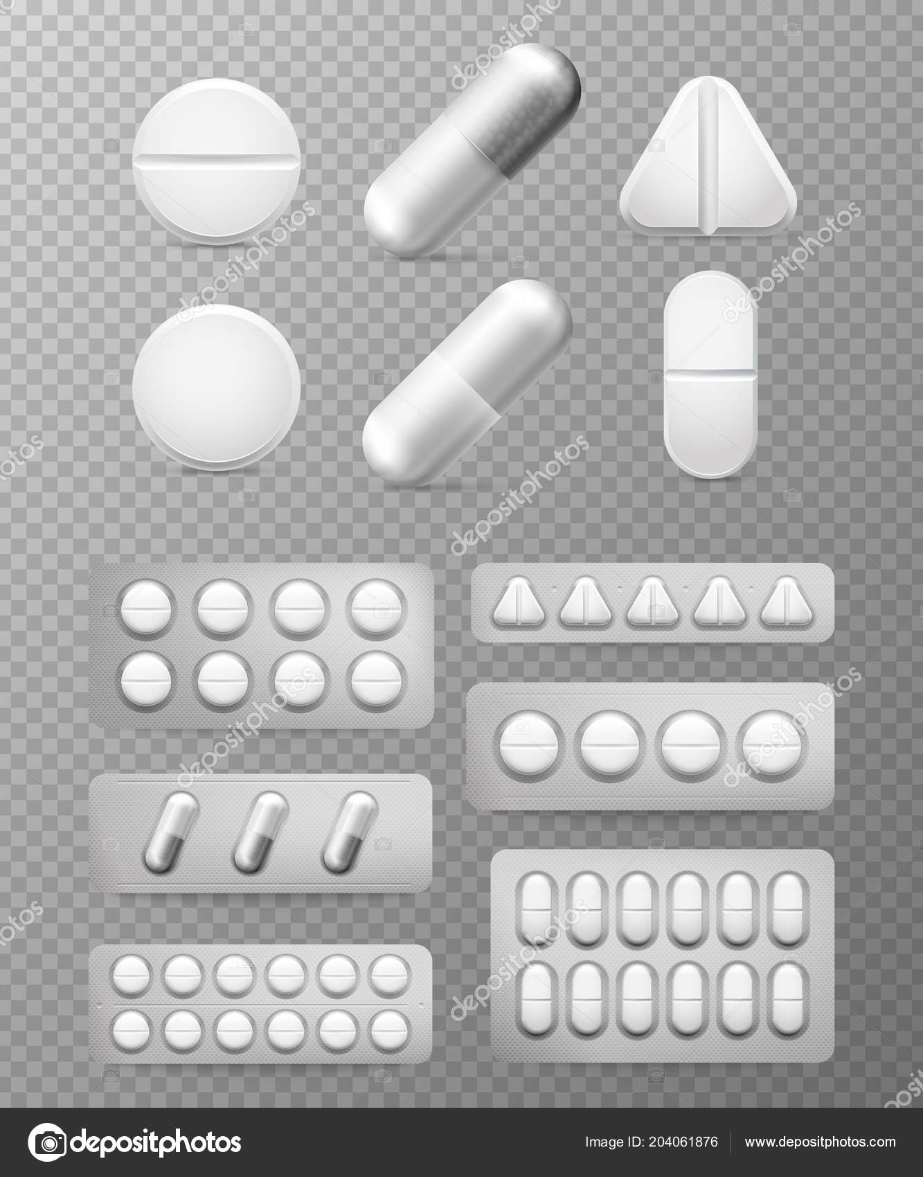 Pills 3d set. White tablet, drug and pill. Medicine close-up capsules ...