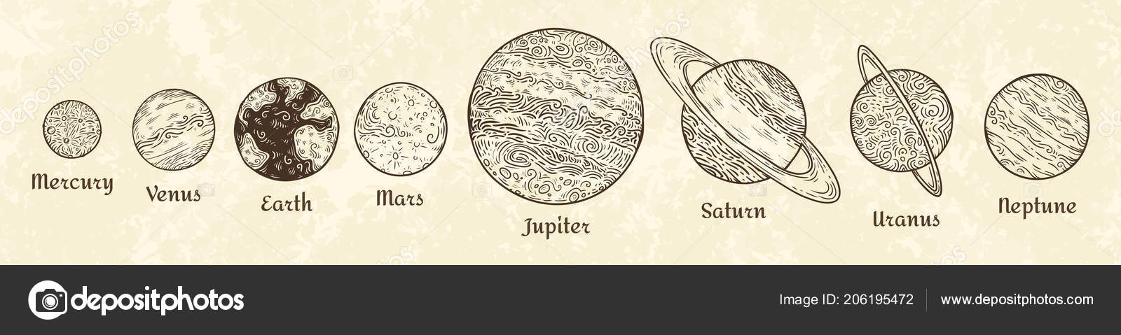Solar system planets engraving. Hand drawn celestial planet parade ...