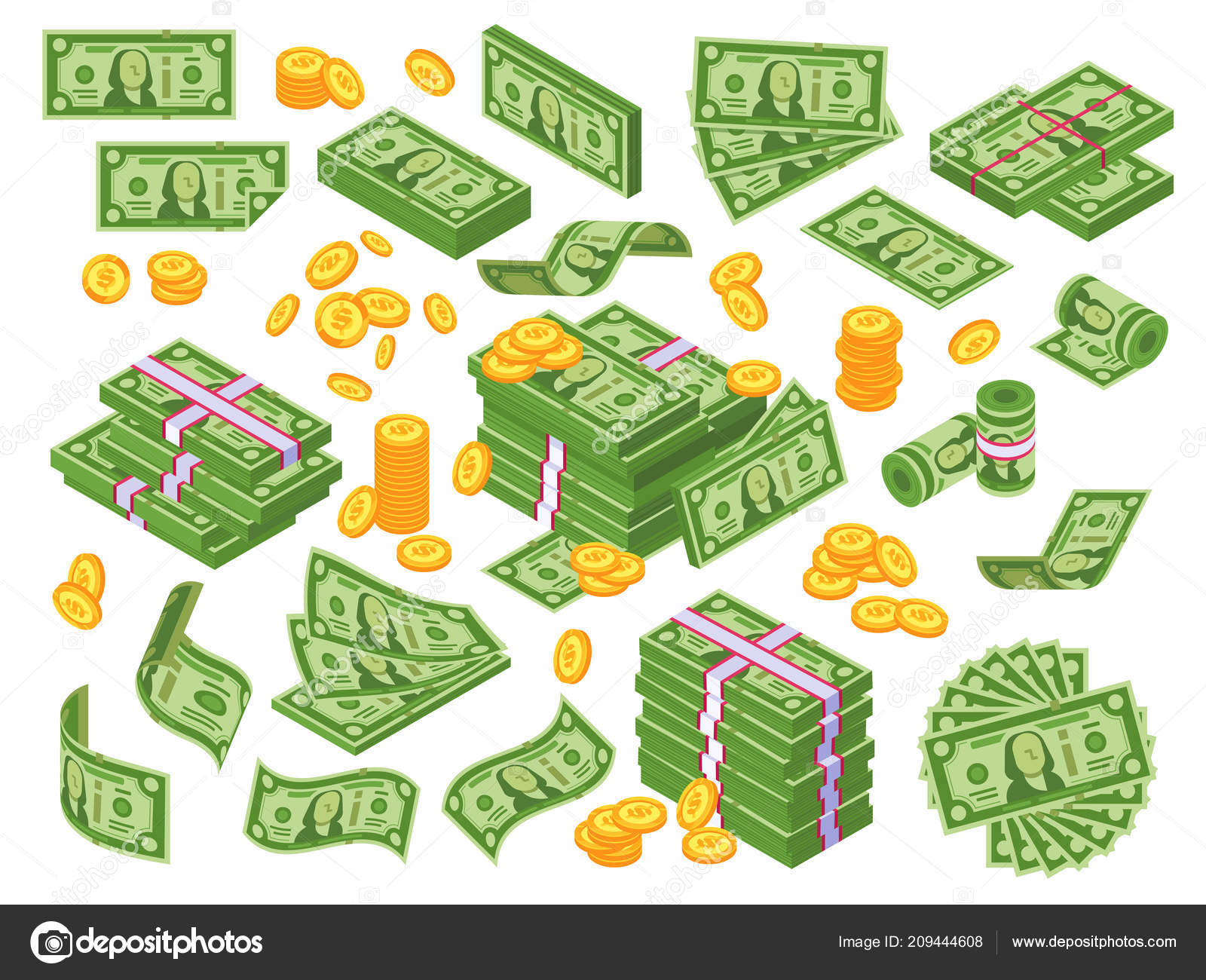 Dinero de dibujos animados. Billetes de dólar pila de billetes, pila de ...