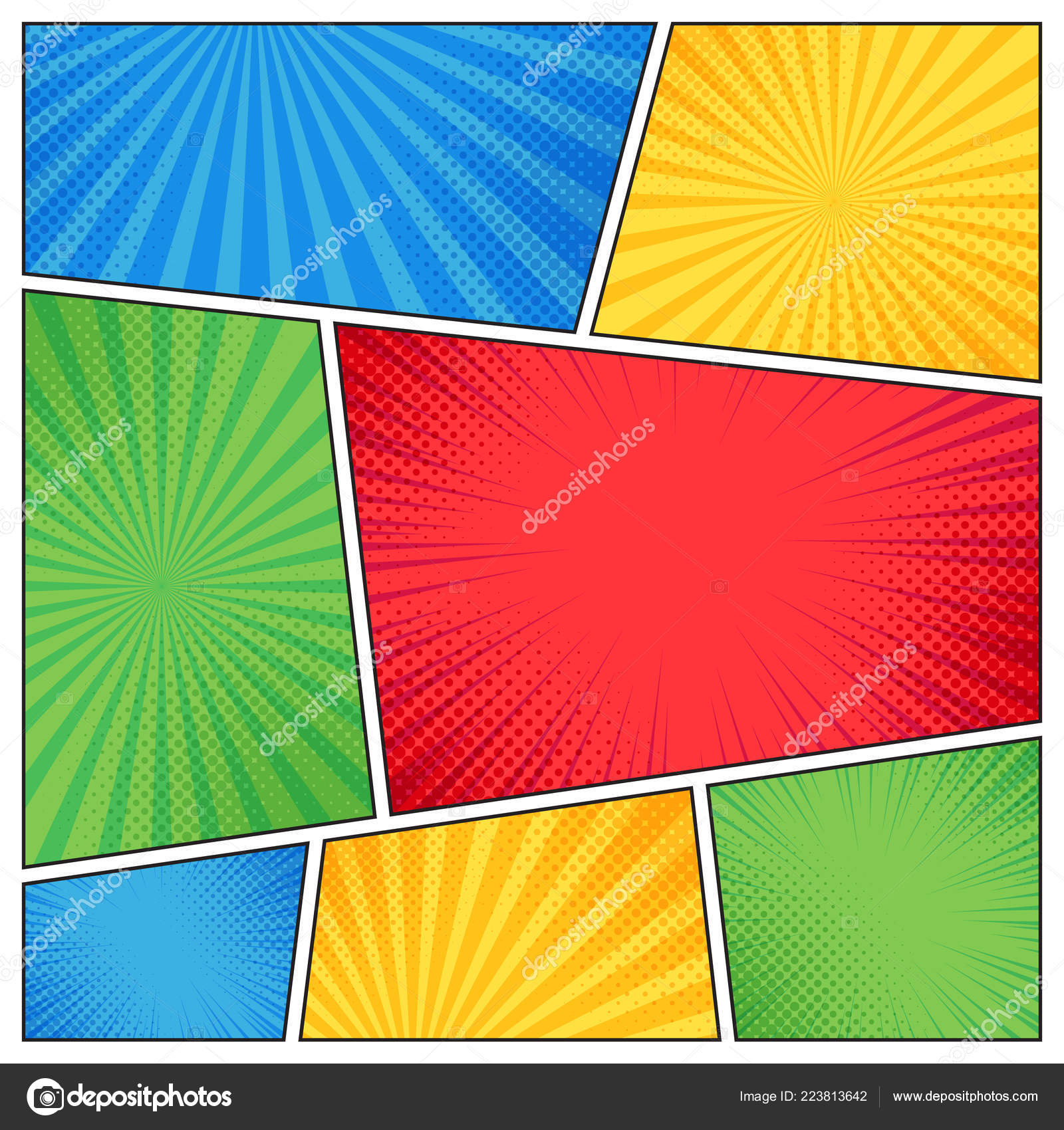 Comic page frame. Funny superhero comics book empty pages with radial ...